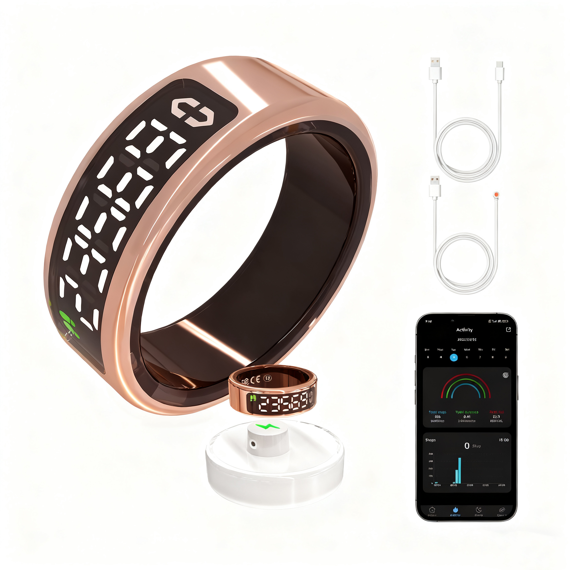 Умное кольцо, с монитором пульса и LED-дисплеем, водонепроницаемость, золото