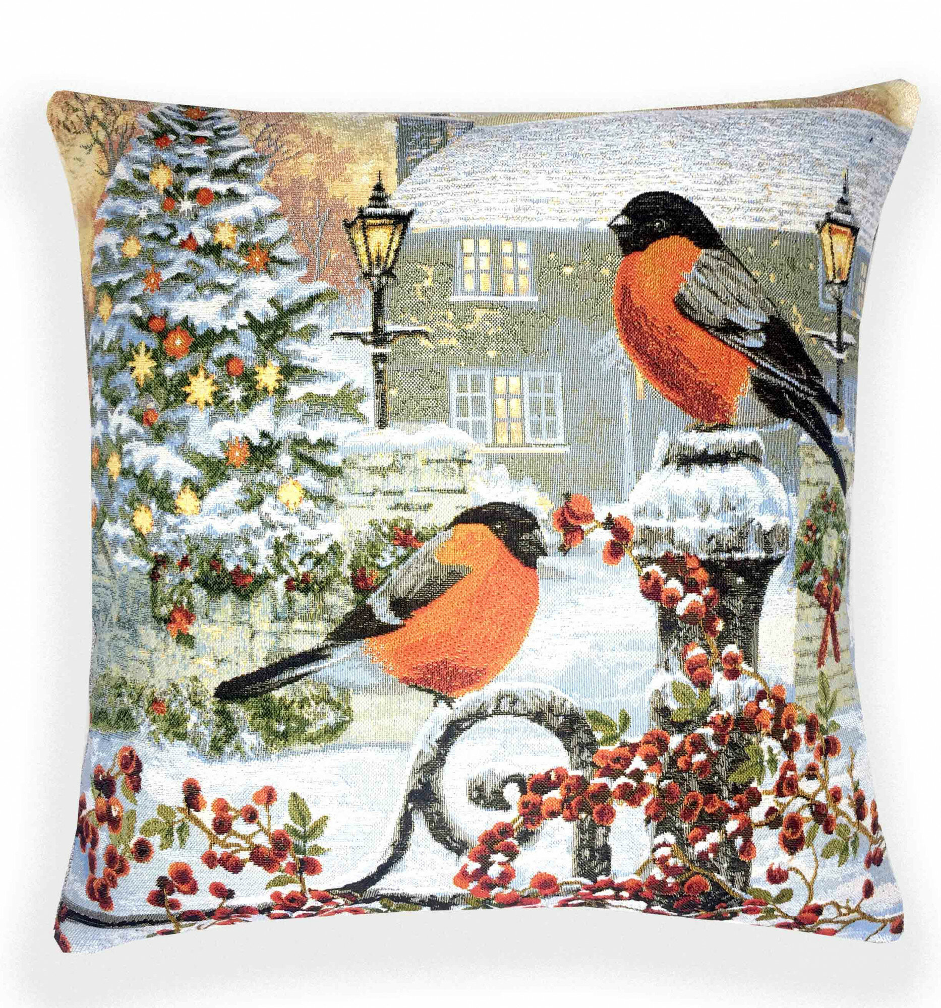 Подушка Декоративная Гобеленовая 45х45 "Зимний вечер Снегири" Для Интерьера