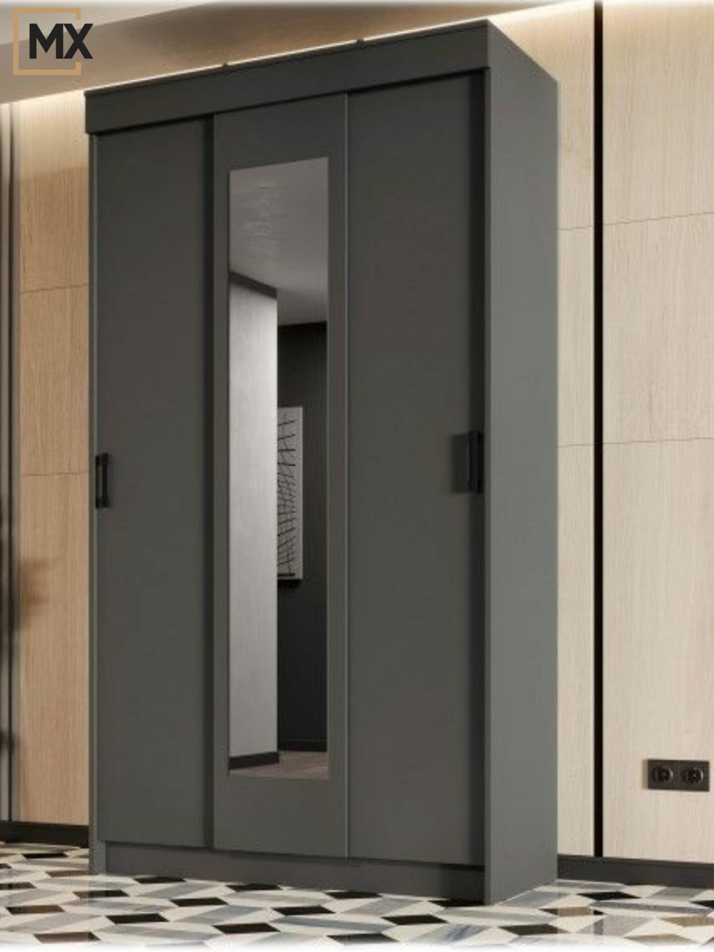 Шкаф-купе Эко Бруно/ Брауни графит, ЛДСП с зеркалом, полками, штангой1200х565х2200