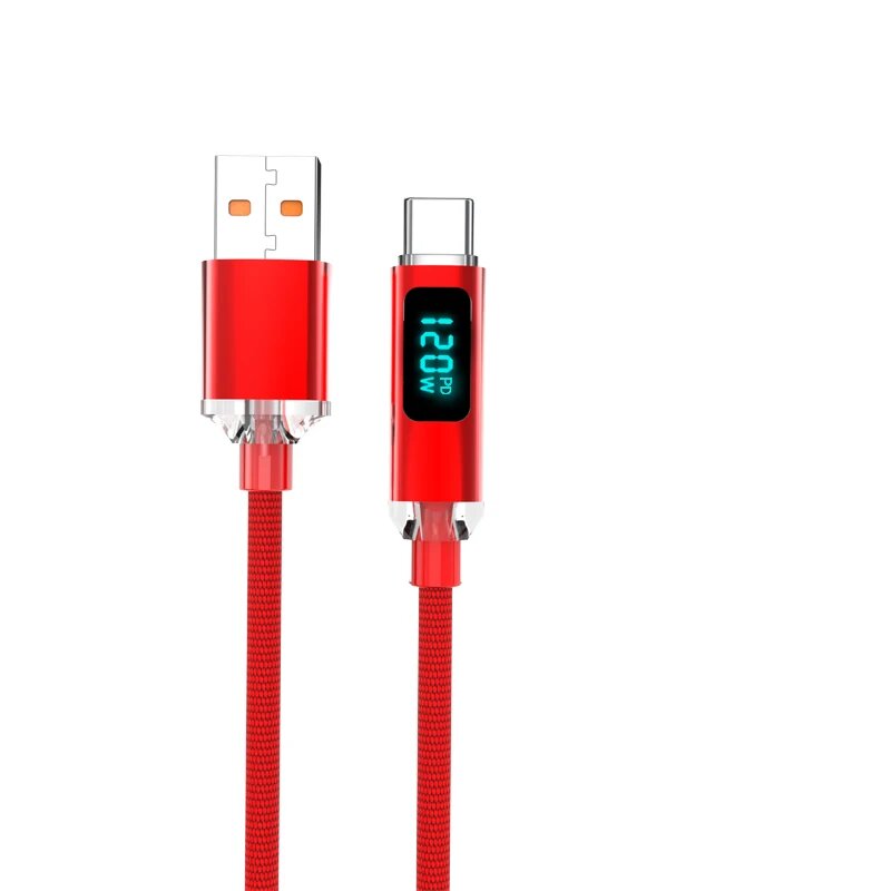 Кабель USB A to Type-C 120 Вт с дисплеем, 2 м, красный