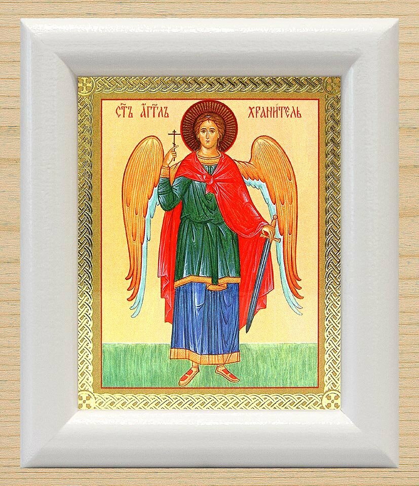 Ангел Хранитель (лик № 040), икона в белой деревянной рамке 8*9,5 см
