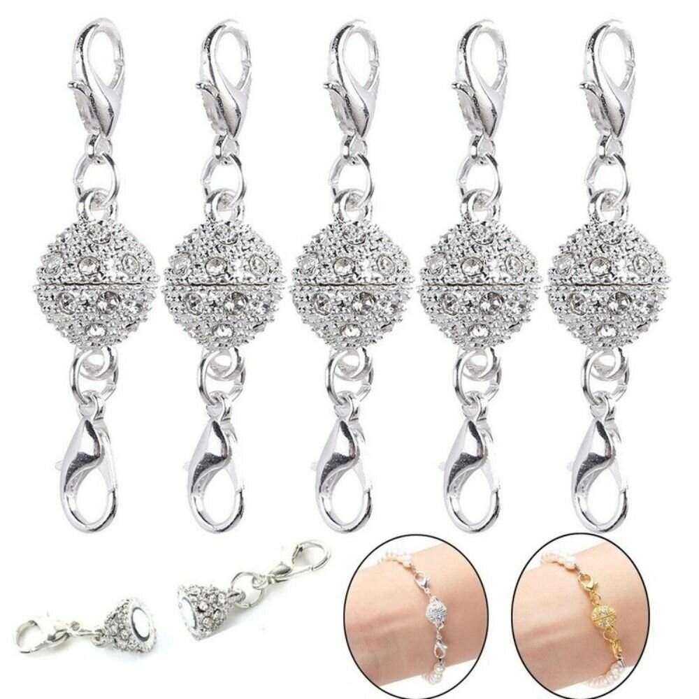 Магнитная застежка для украшений, металлическая с кристаллами и магнитом, диаметр 10 мм, длина 43 мм, 5 шт, серебристая для браслетов и ожерелий DIY