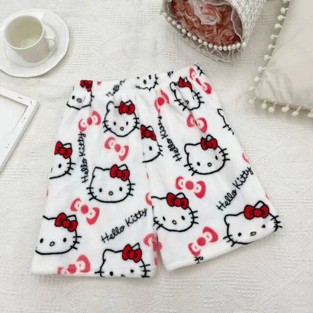 Пижамные штаны Sanrio Hello Kitty, черные с розовым рисунком, фланелевые, женские, теплые шерстяные, белые, с мультяшным рисунком, повседневные, домашние, осенние, для девочек.