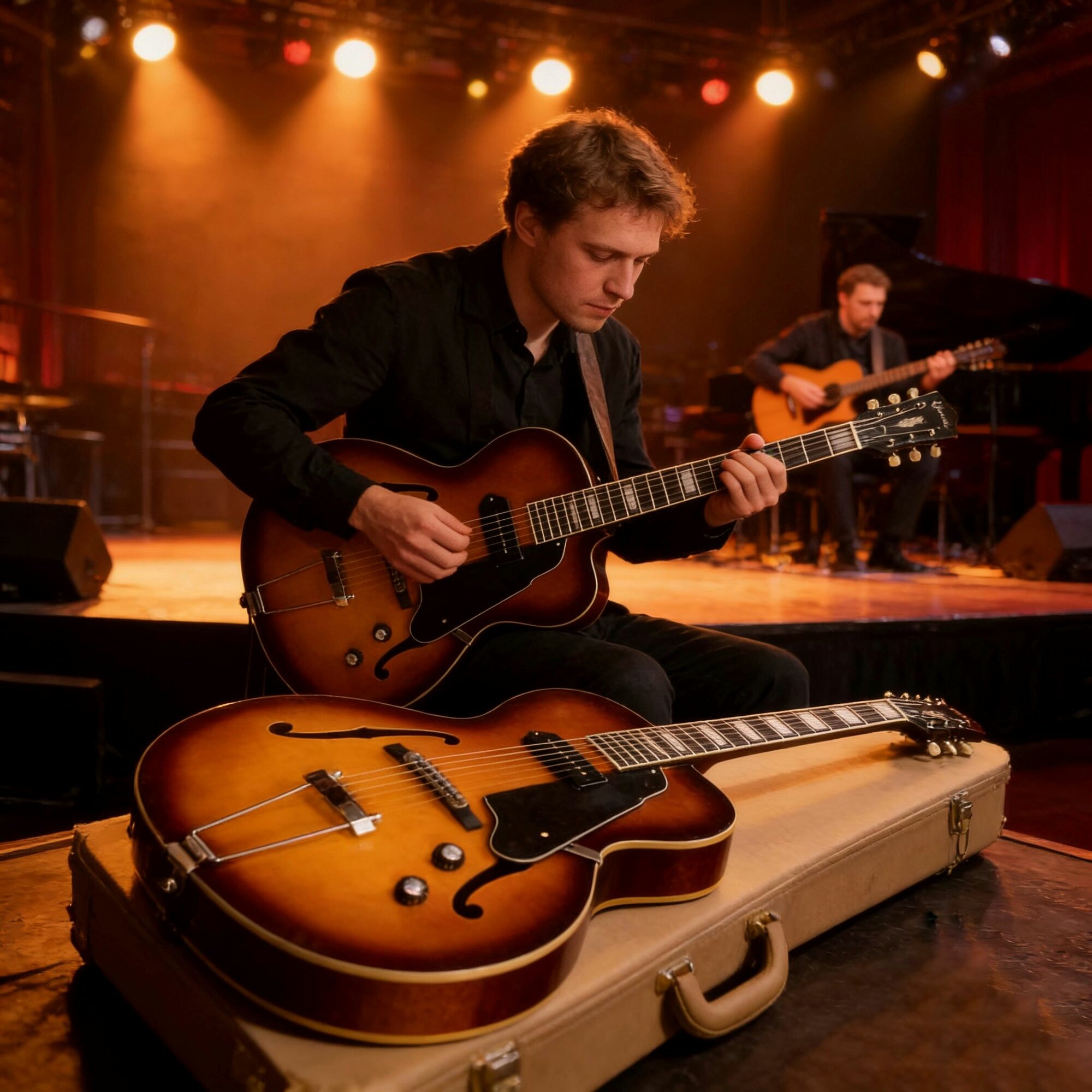 Электрогитара (полностью полый корпус) джазовая модель, натуральный цвет, двойные звукосниматели