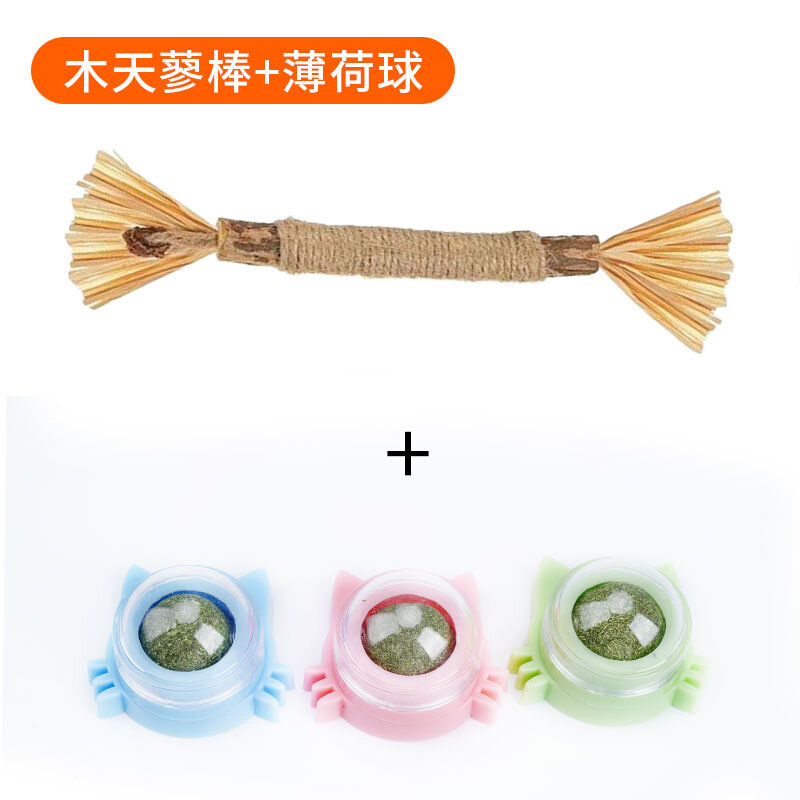 Палочка для чистки зубов с котовым мятным 22 см + шарик с кошачьим лицом, случайный цвет 1 шт, комбинированный набор