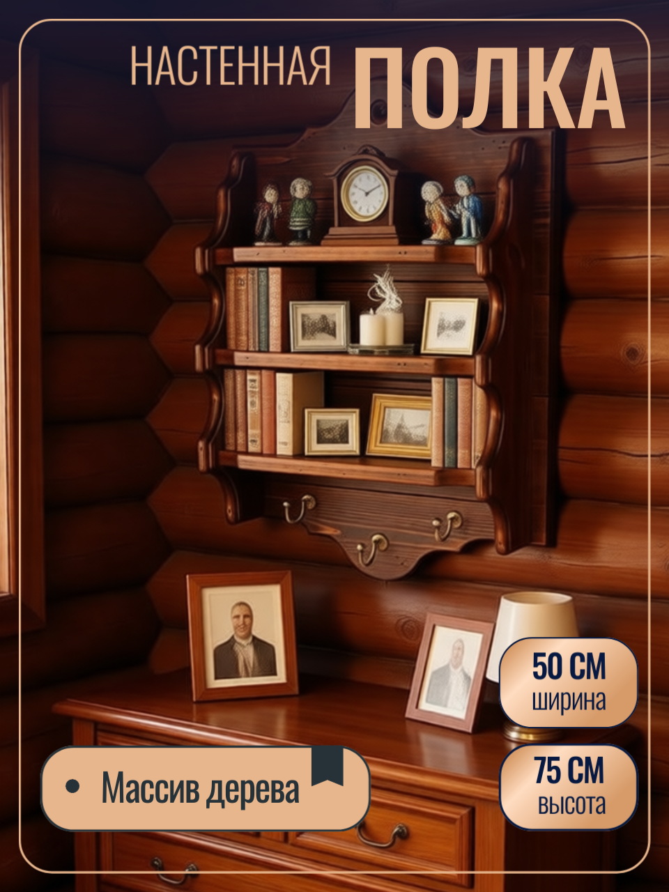 Полка настенная, массив дерева,3 полочки, скрытое крепление , мастерская уюта