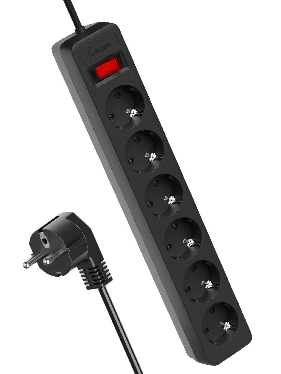 Сетевой фильтр космос 16A 3500Вт 5м 6 гнезд, пвс 3х1,00мм2, черный