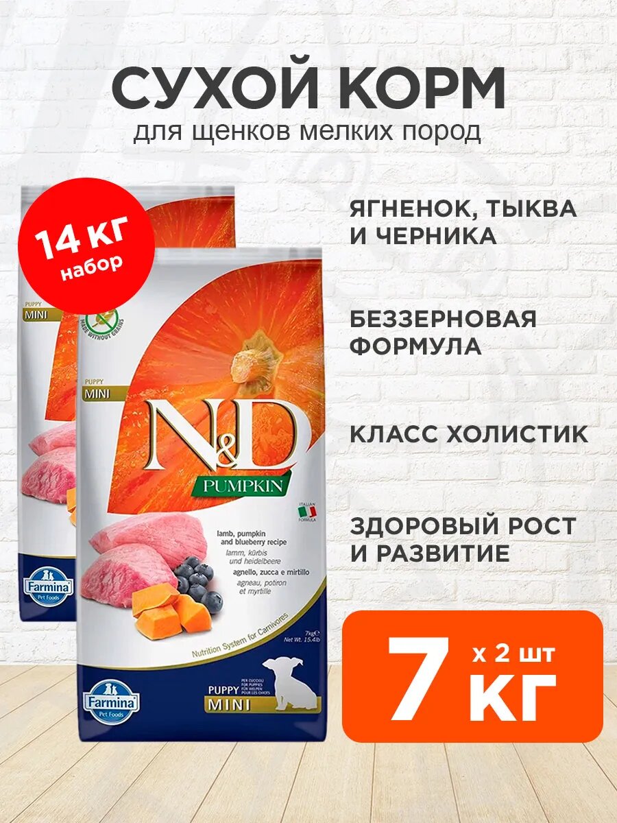 Корм сухой Farmina Dog N&D Grain Free Pumpkin Puppy Mini Lamb & Blueberry для щенков с ягненком, 7 кг х 2 шт