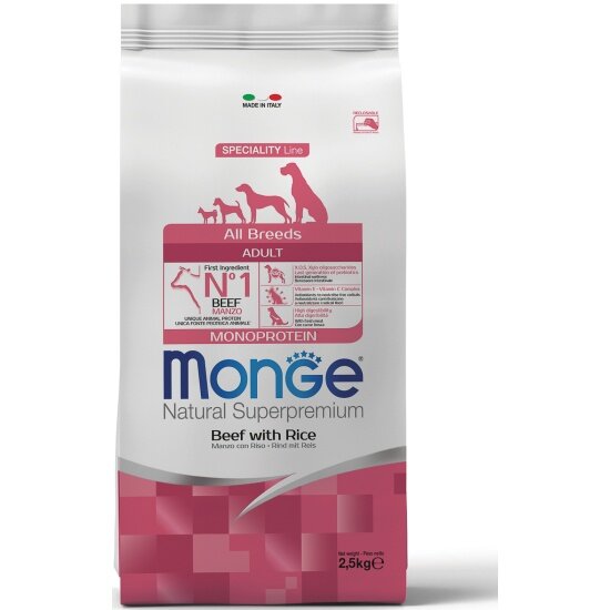 Корм Monge Speciality Line Monoprotein All Breeds монобелковый рацион для собак всех пород говядина с рисом 2,5 кг