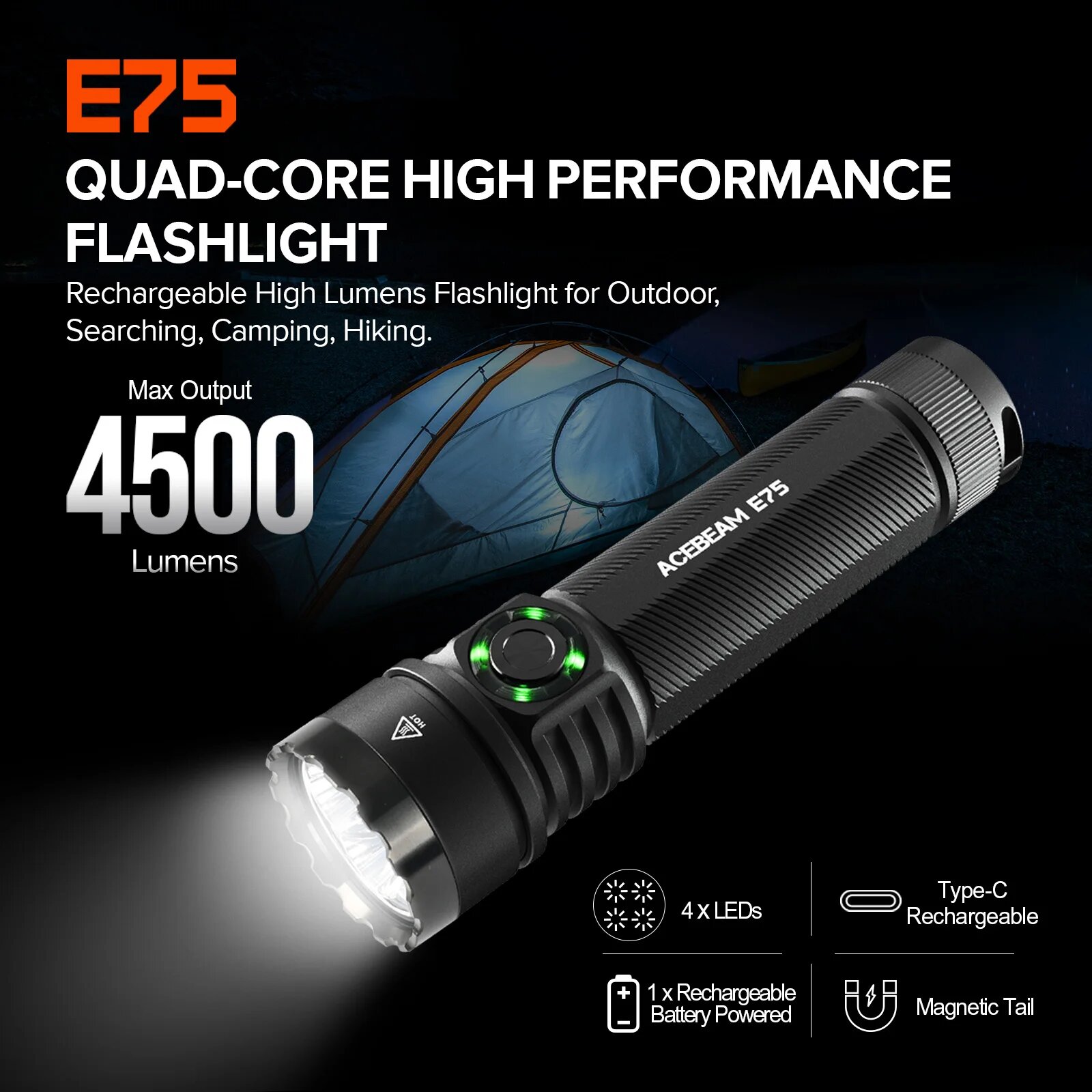 ACEBEAM E75 фонарик, Stonewashed Titanium, 6500k — фото 1