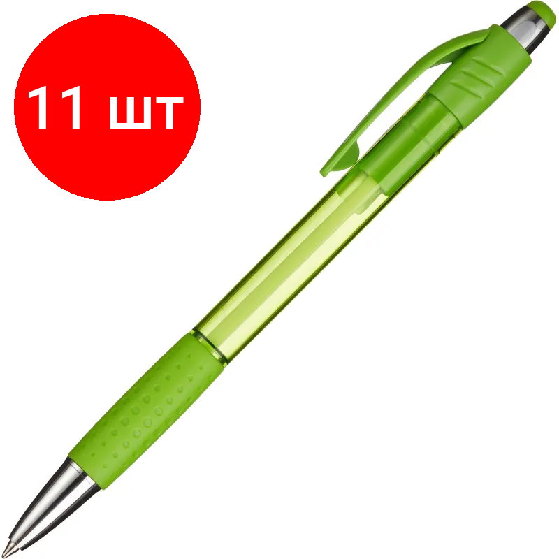 Комплект 11 штук, Ручка шариковая автомат. Attache Happy, зеленый корп, син, масл, манж
