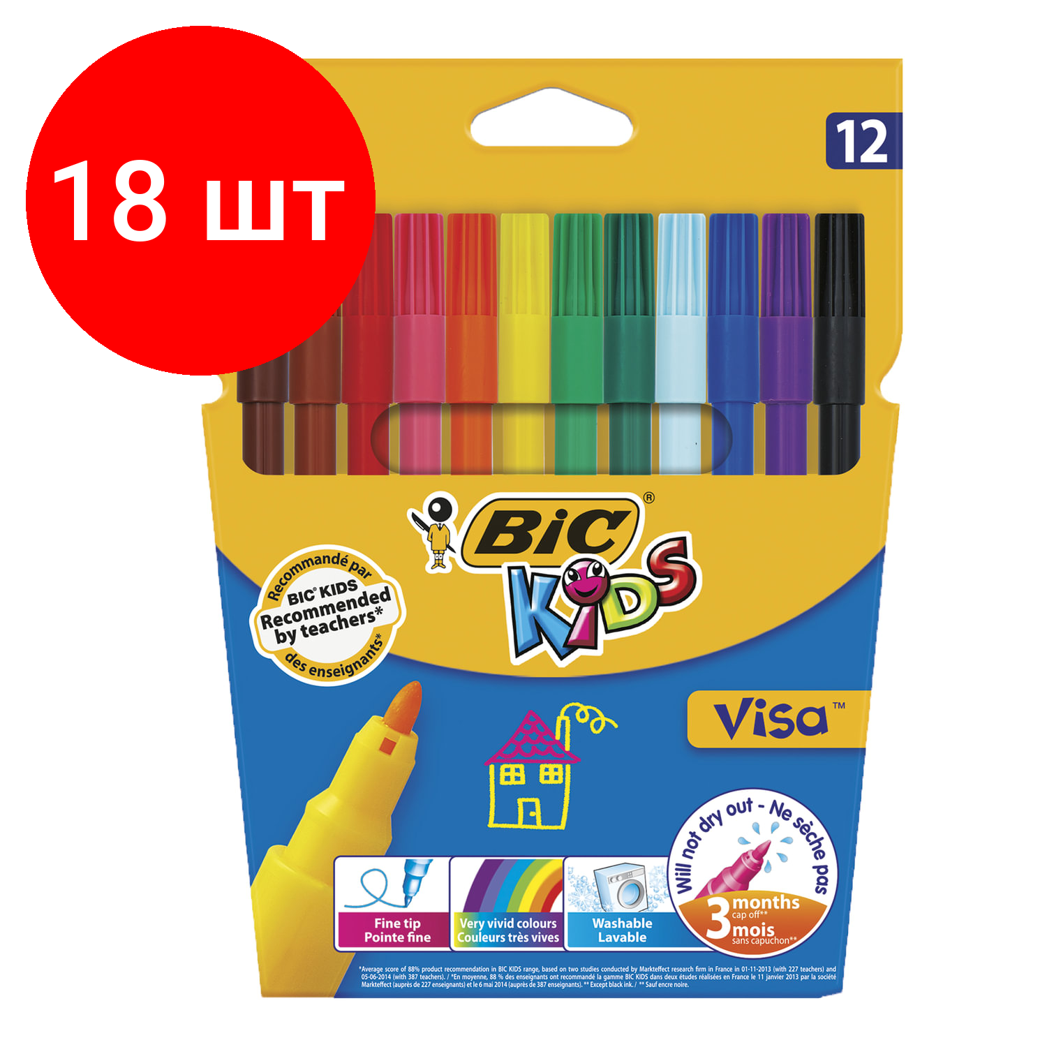 Комплект 18 шт, Фломастеры BIC "Kids Visa", 12 цветов, суперсмываемые, вентилируемый колпачок, европодвес, 889695, 888695