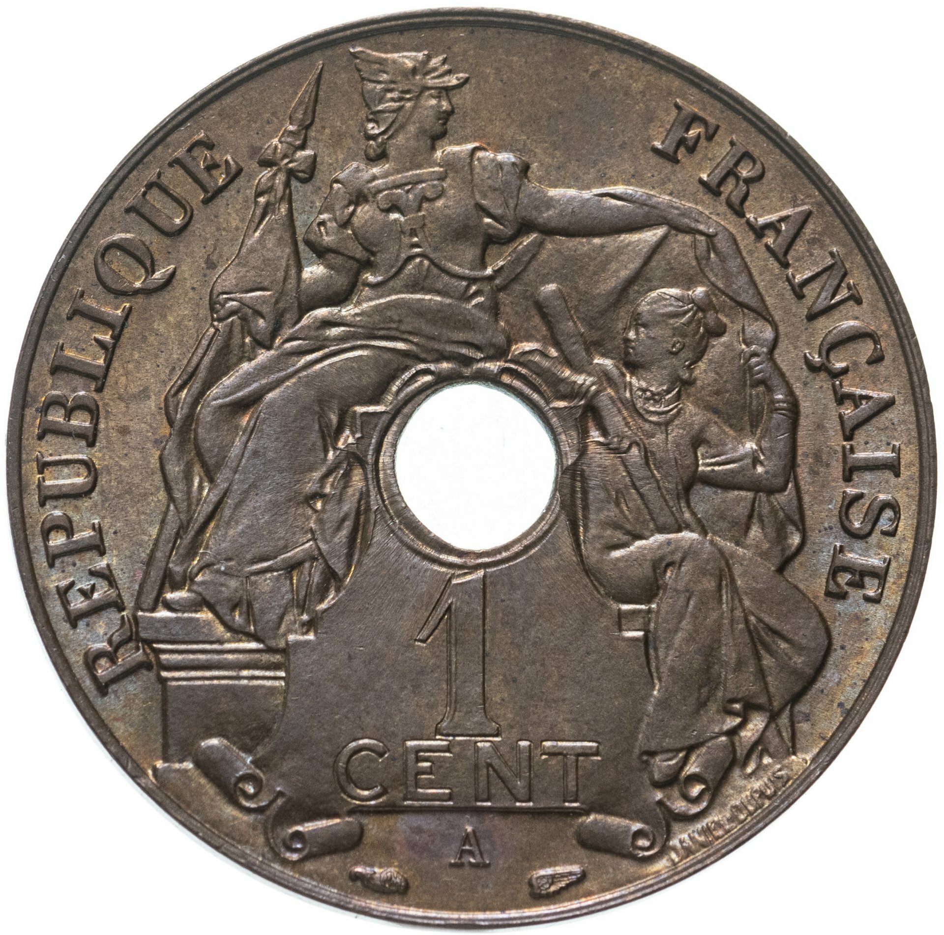 Французский Индокитай 1 сантим centime 1938, Бронза, в сохранности AU-UNC