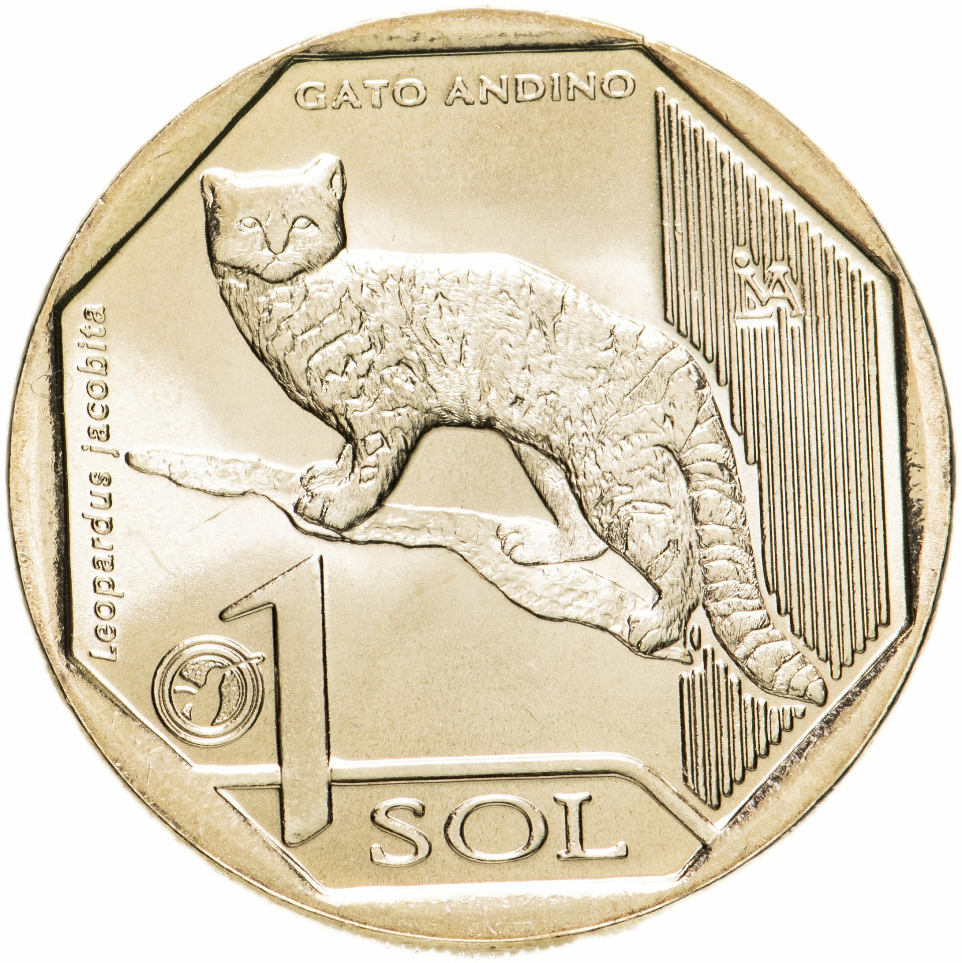 Перу 1 соль 2019 "Андская Кошка" Leopardus jacobita, серия "Вымирающая дикая природа Перу", МНЦ медь-никель-цинк, в сохранности UNC