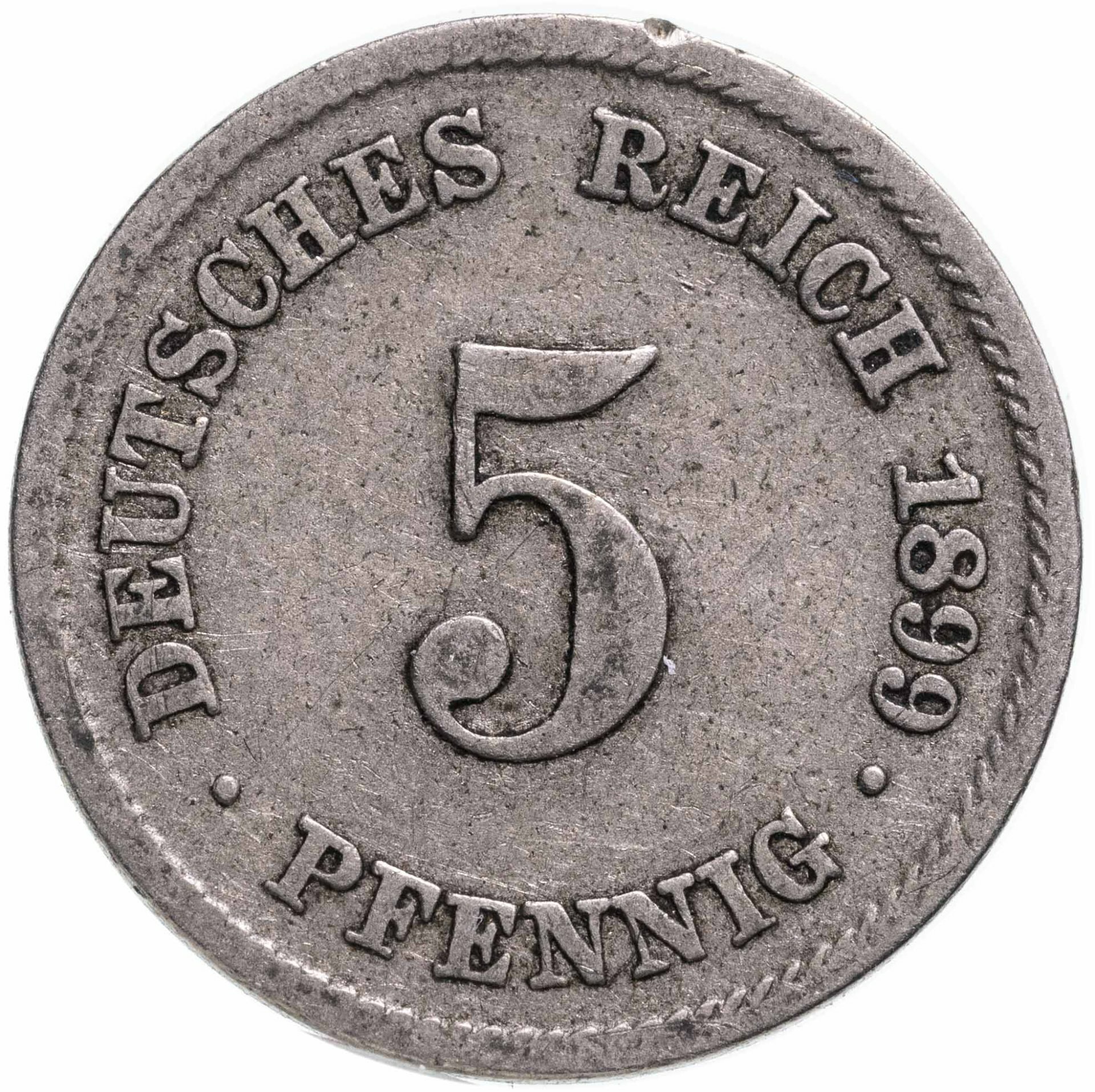 Германия 5 пфеннигов pfennig 1899, знак монетного двора: "F" - Штутгарт, Мельхиор медь-никель, в сохранности VF