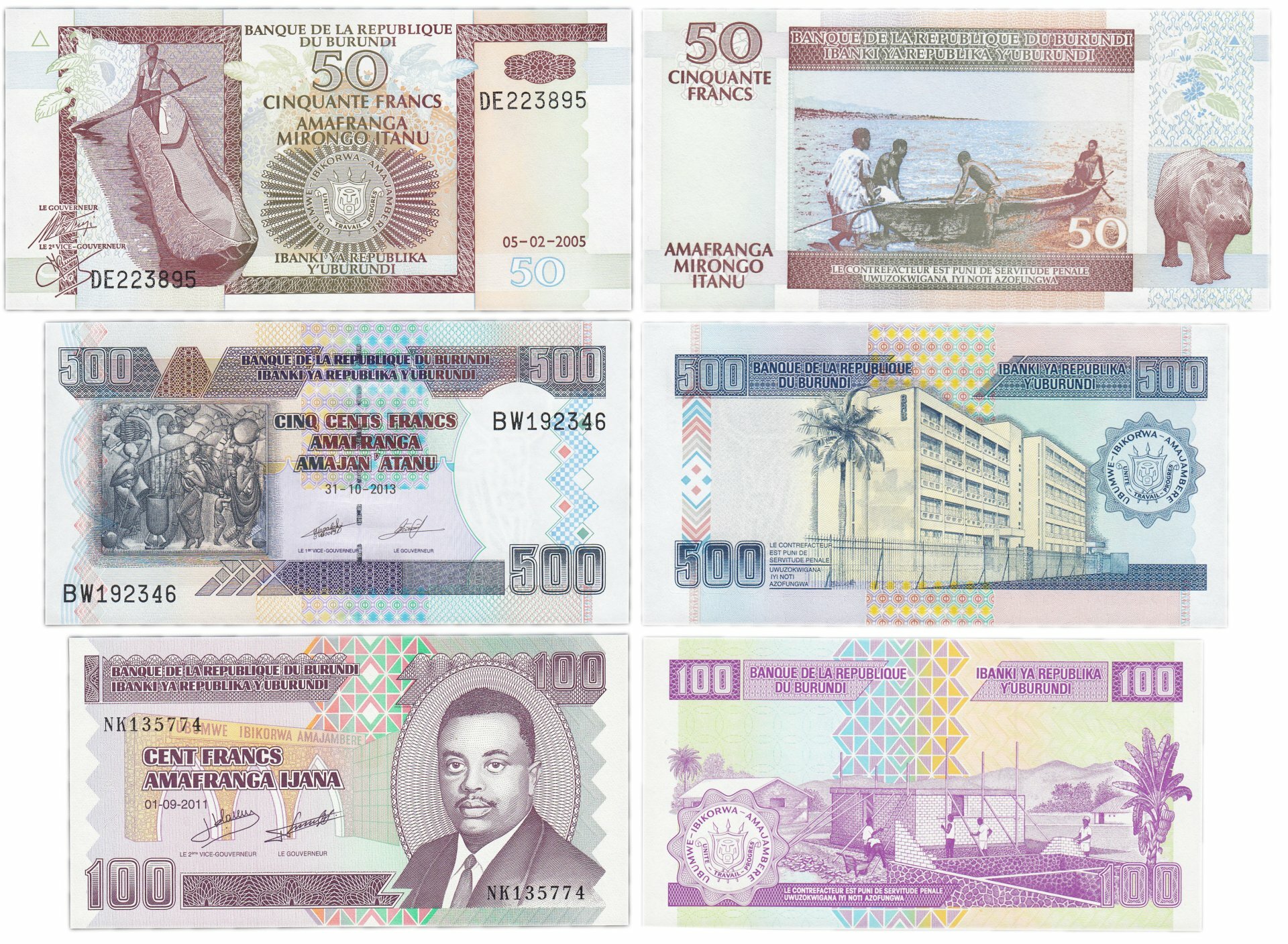 Бурунди - набор 3 банкноты 50, 100, 500 франков 2005 - 2013 Фауна Pick 36, 44, 45