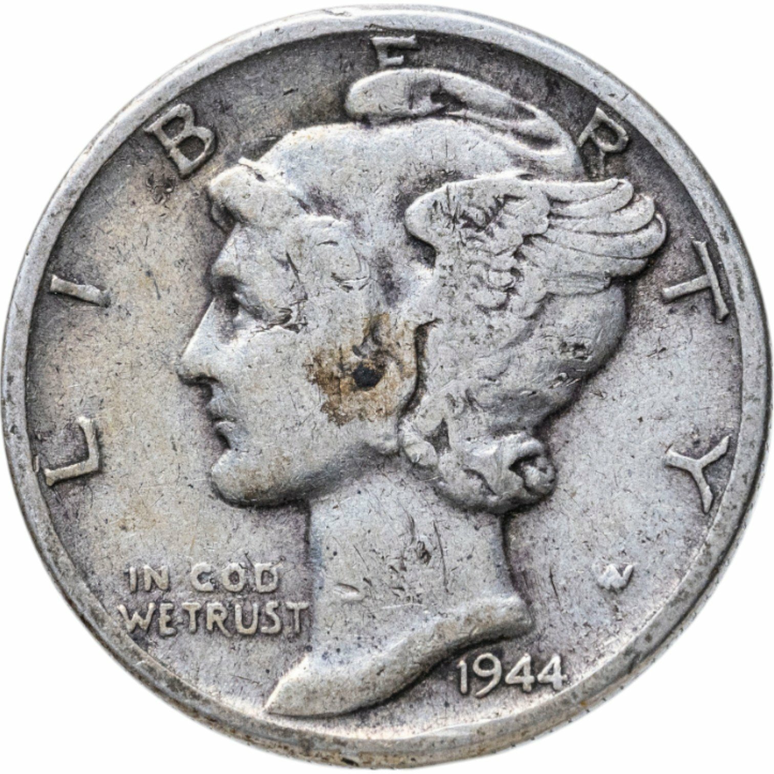 США 10 центов дайм, one dime 1944 Mercury Dime дайм "Меркурий" без обозначения монетного двора, Серебро 900, в сохранности VF