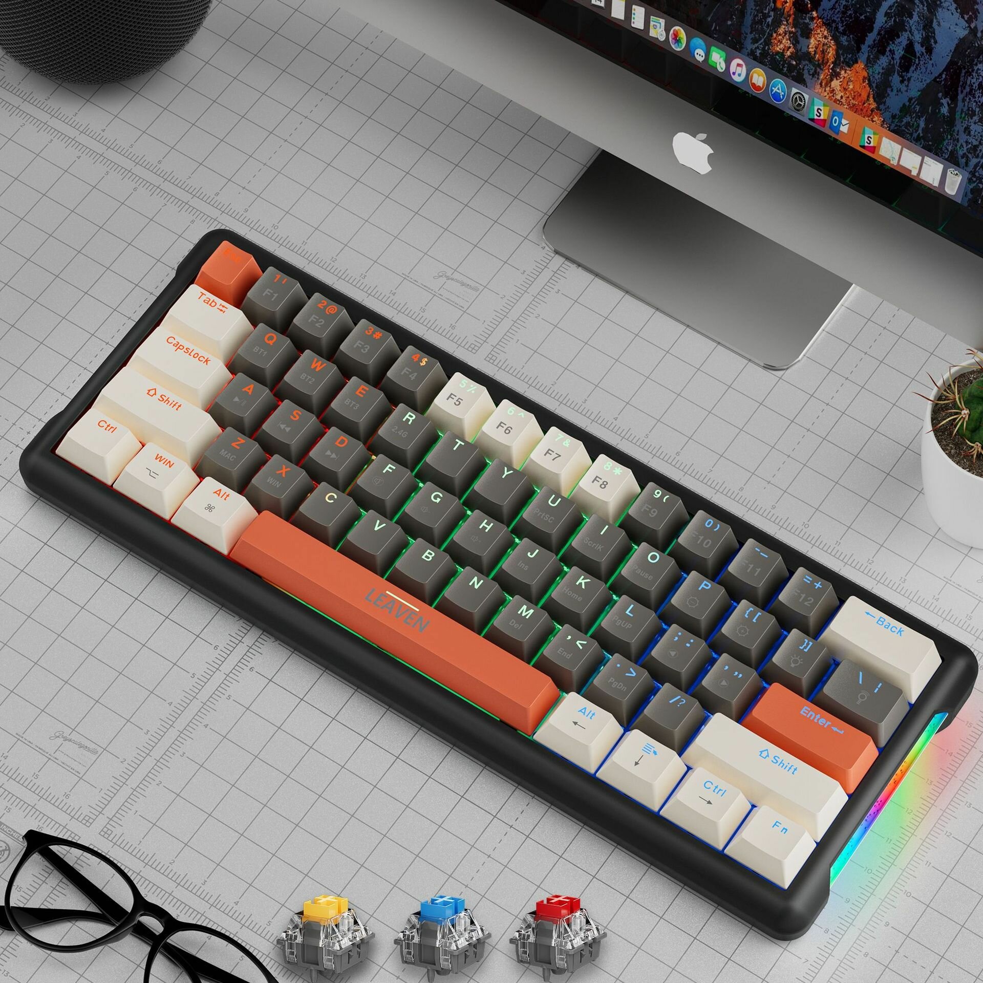 Клавиатура K610 с механическими клавишами Orange и Blue, цвет белый и серый, Bluetooth 5.0, беспроводная 2.4ГГц,