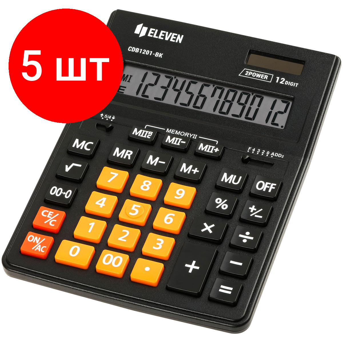 Комплект 5 шт, Калькулятор настольный Eleven Business Line CDB1201-BK/OR, 12 разрядов, двойное питание, 155*205*35мм, черный/оранжевый