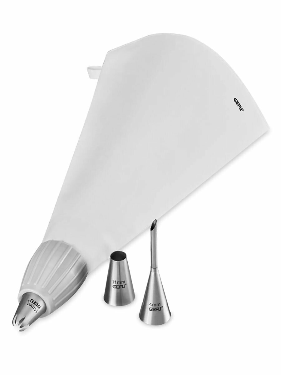 Кондитерский мешок Gefu Декор: 3 насадки, 39 х 20.3 х 5.1 см, нержавеющая сталь, пластик, ткань, белый