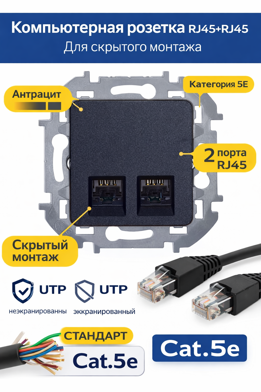 INSPIRIA Розетка компьютерная двойная RJ45+RJ45 скрытый монтаж, антрацит, механизм, 5Е UTP