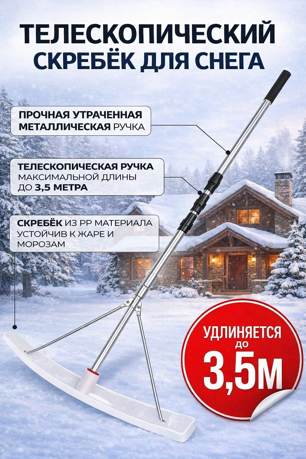 Скрепер-скребок для уборки снега с крыши, Беркут, с телескопической ручкой до 3.5 метров.