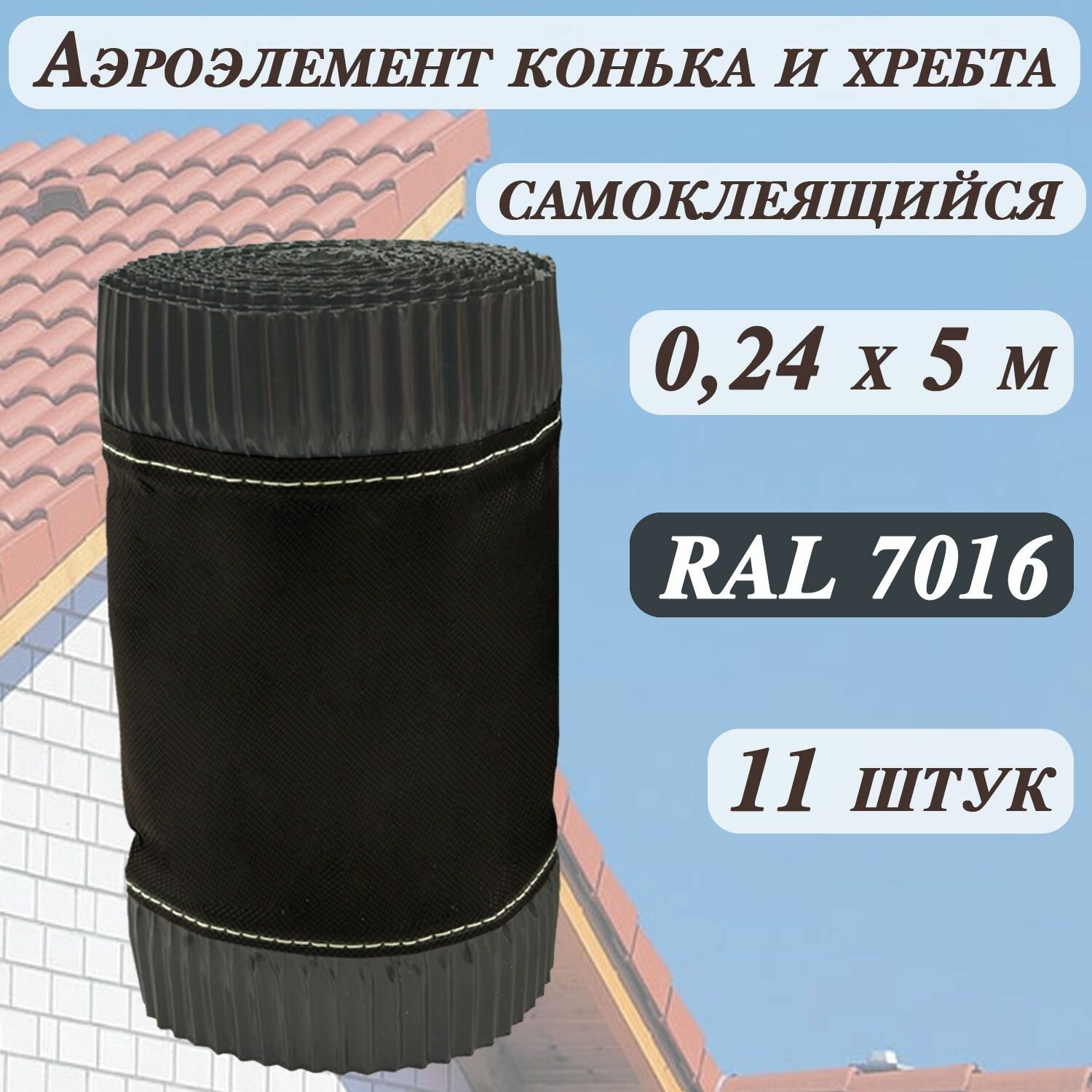 Аэроэлемент конька и хребта 11 шт. (0,24х5 м) лента коньковая вентиляционная для кровли (RAL 7016) антрацитово-серый