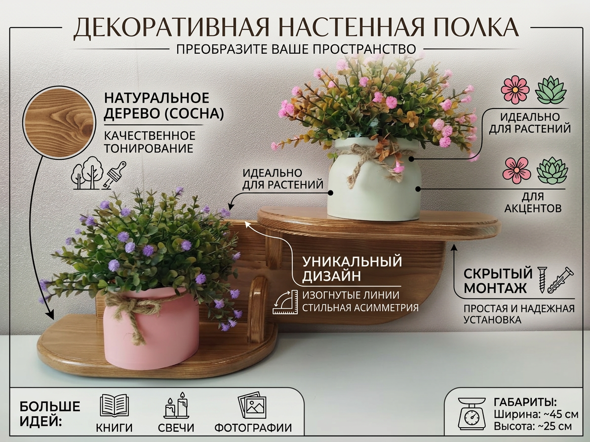 Полка для цветов, дерево, ручная работа, навесная, круглая форма крепления