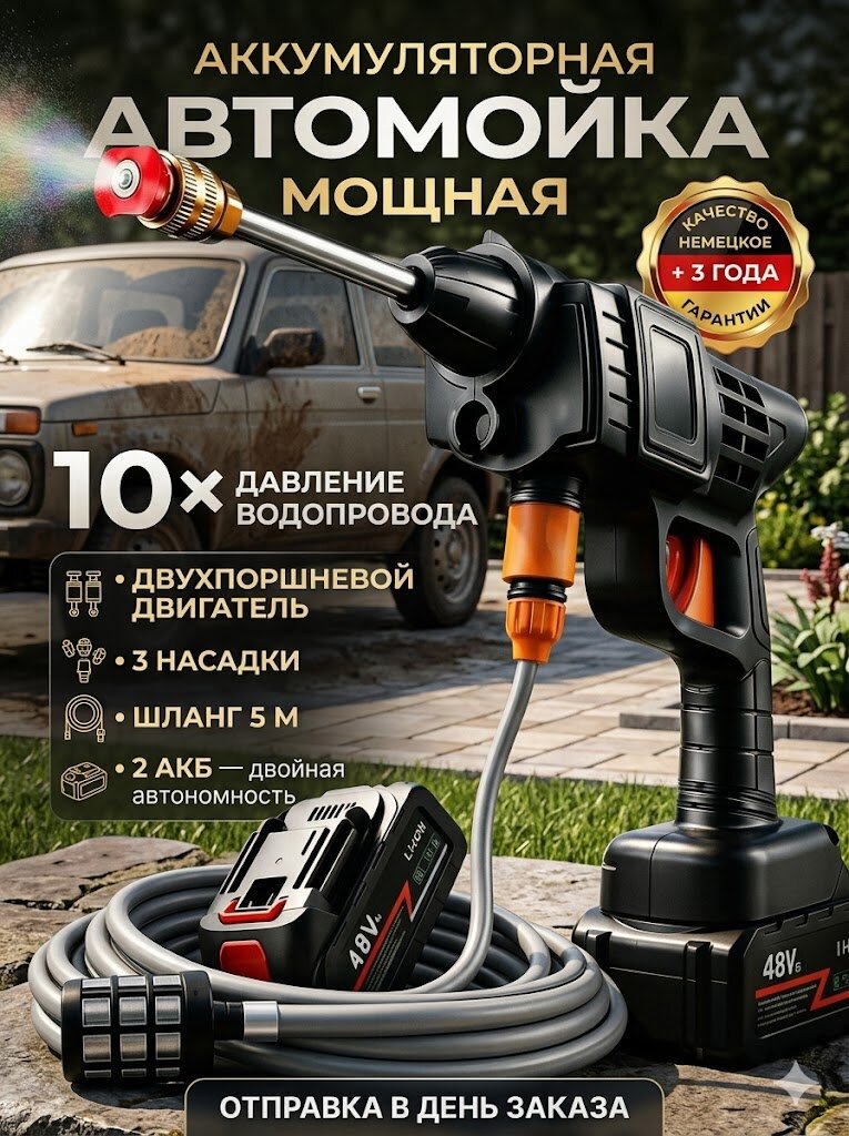 Мойка высокого давления аккумуляторная для автомобиля, Автомойка, в кейсе 2 аккумулятора, 3 насадки