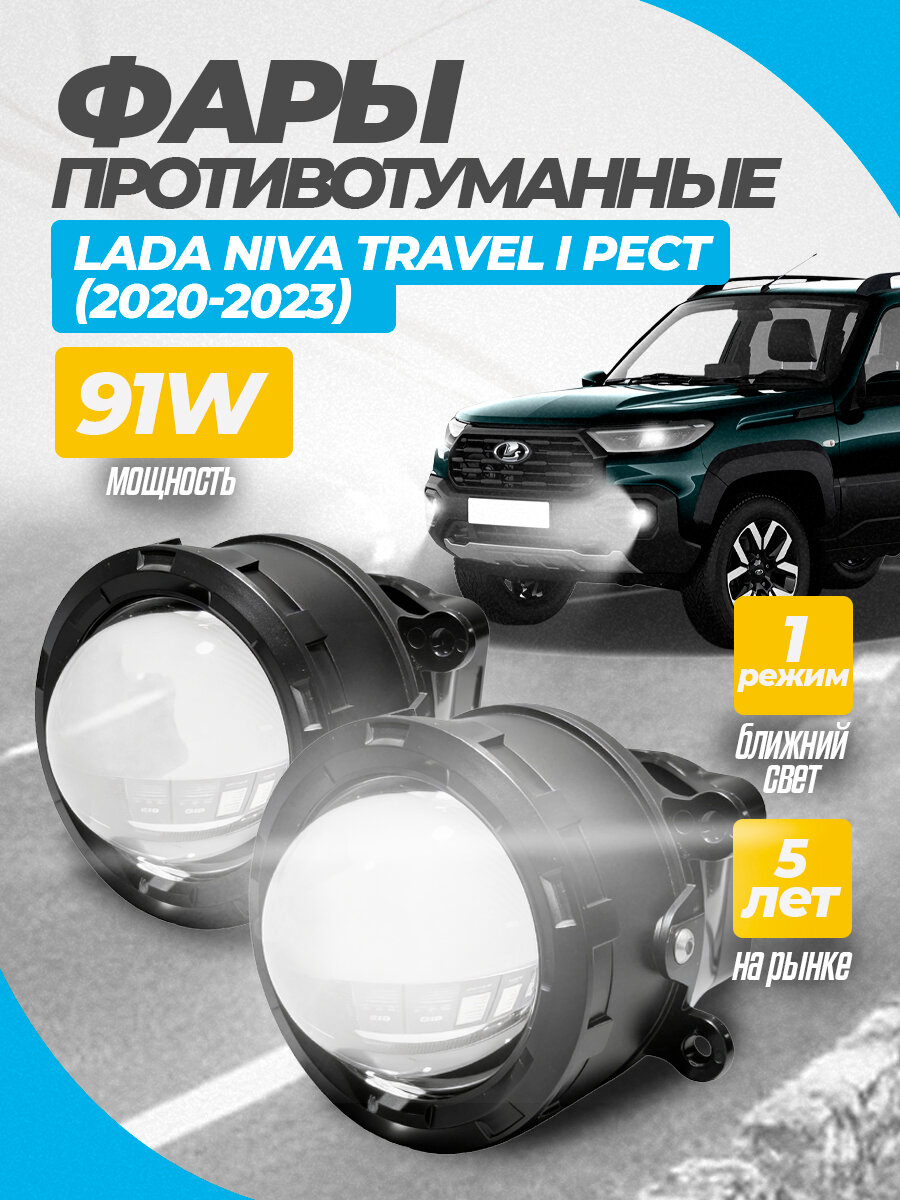 ПТФ Лазерные 1 режим 91 W белый свет, подходят для LADA NIVA TRAVEL I рест (2020-2023), Линзованные противотуманные фары ПТФ светодиодные линзы Лада Нива Тревел 1 рест