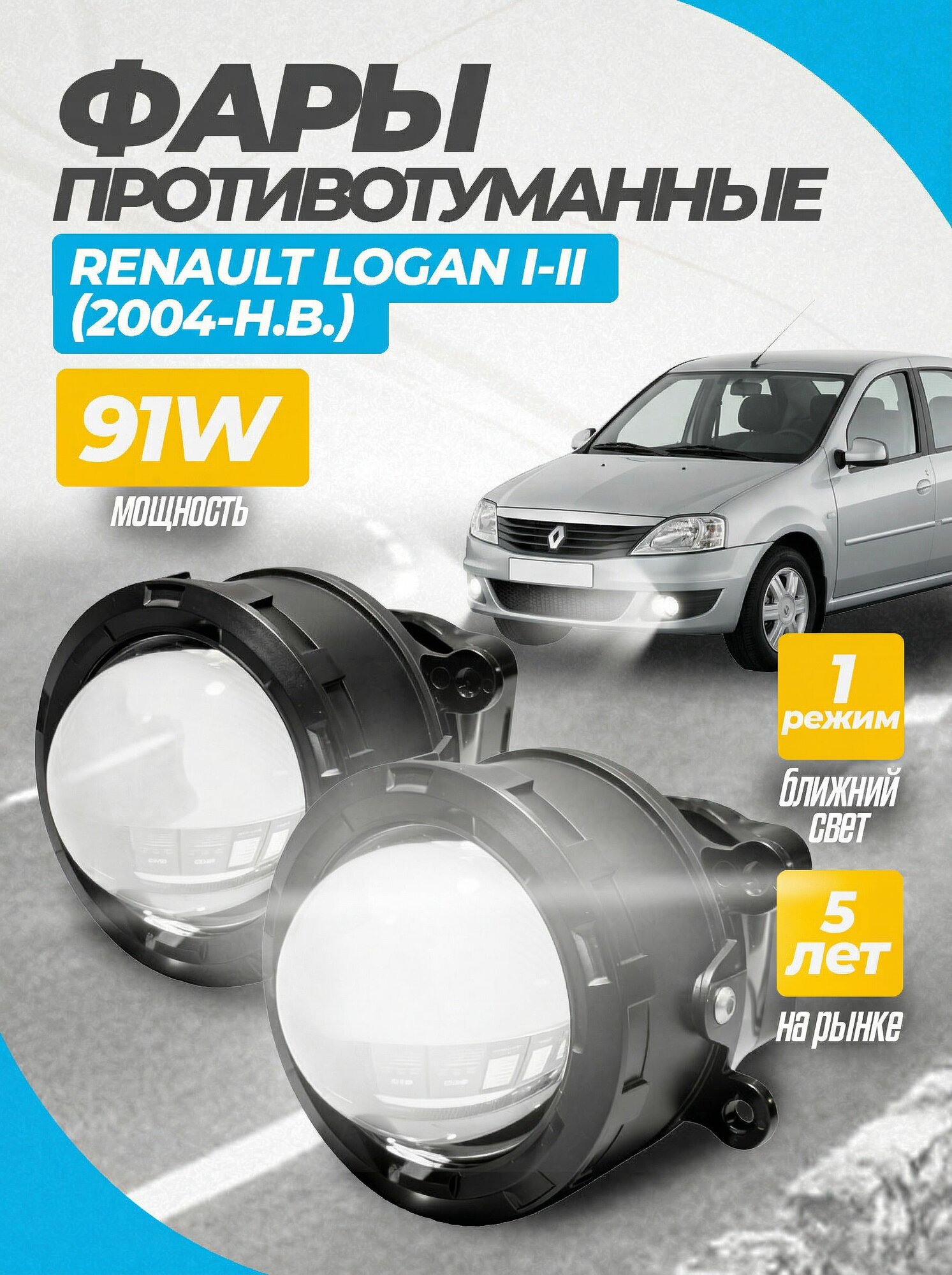 ПТФ Лазерные 1 режим 91 W белый свет, подходят для RENAULT LOGAN I-II (2004-Н. В.), Линзованные противотуманные фары ПТФ светодиодные линзы Рено Логан 1-2