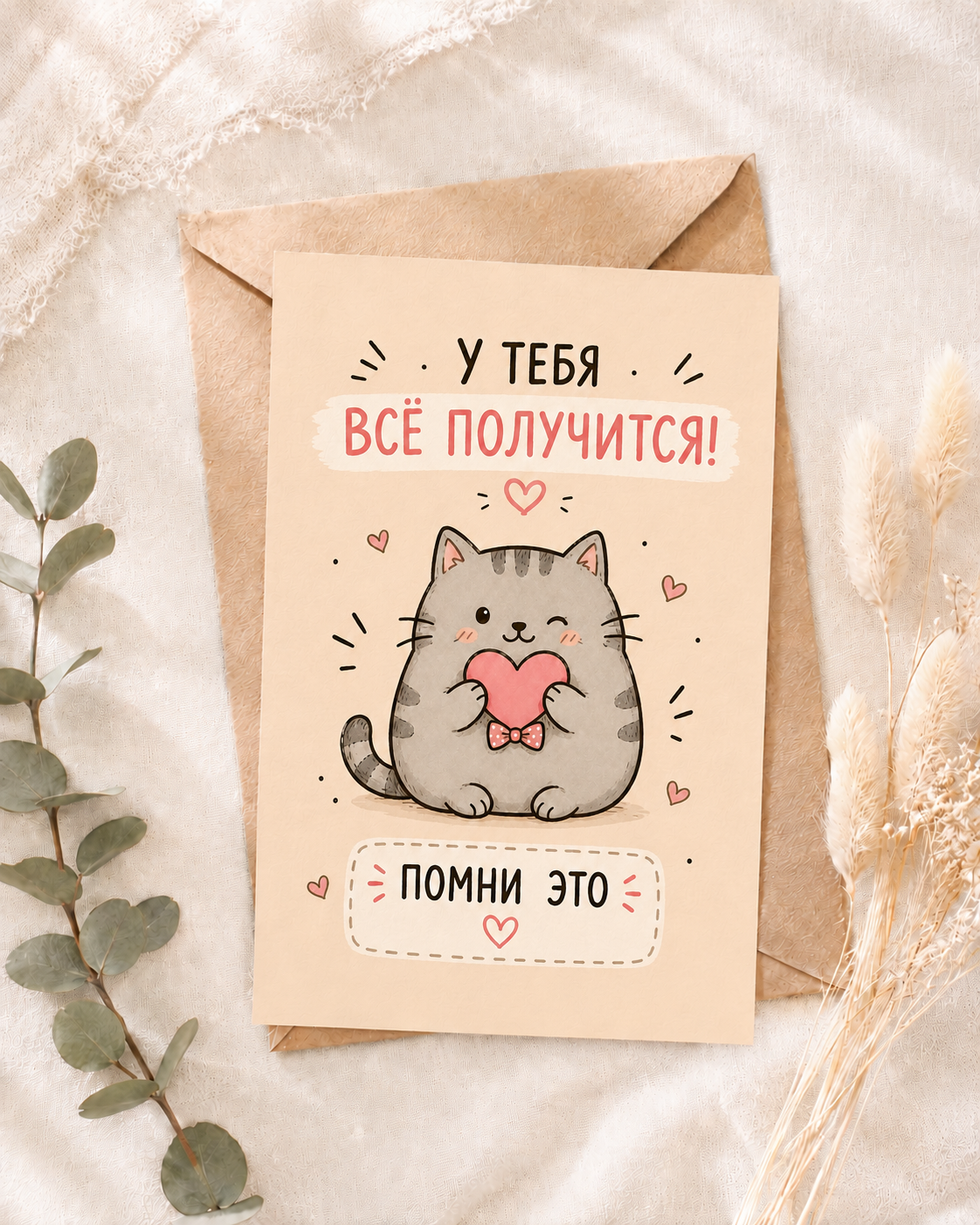 Открытка «У тебя всё получится» с милым котиком, мотивационная открытка 10×15 см с крафт-конвертом