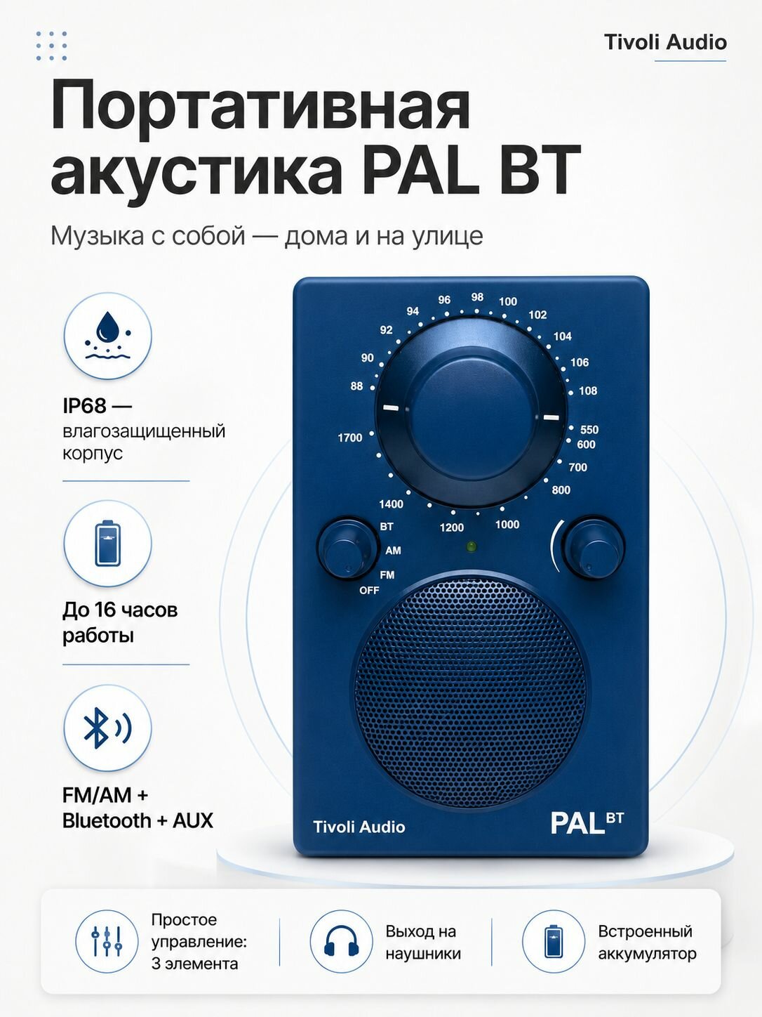 Портативная Bluetooth колонка с радиоприемником Tivoli (Тиволи) PAL BT, цвет: Синий ( Blue )