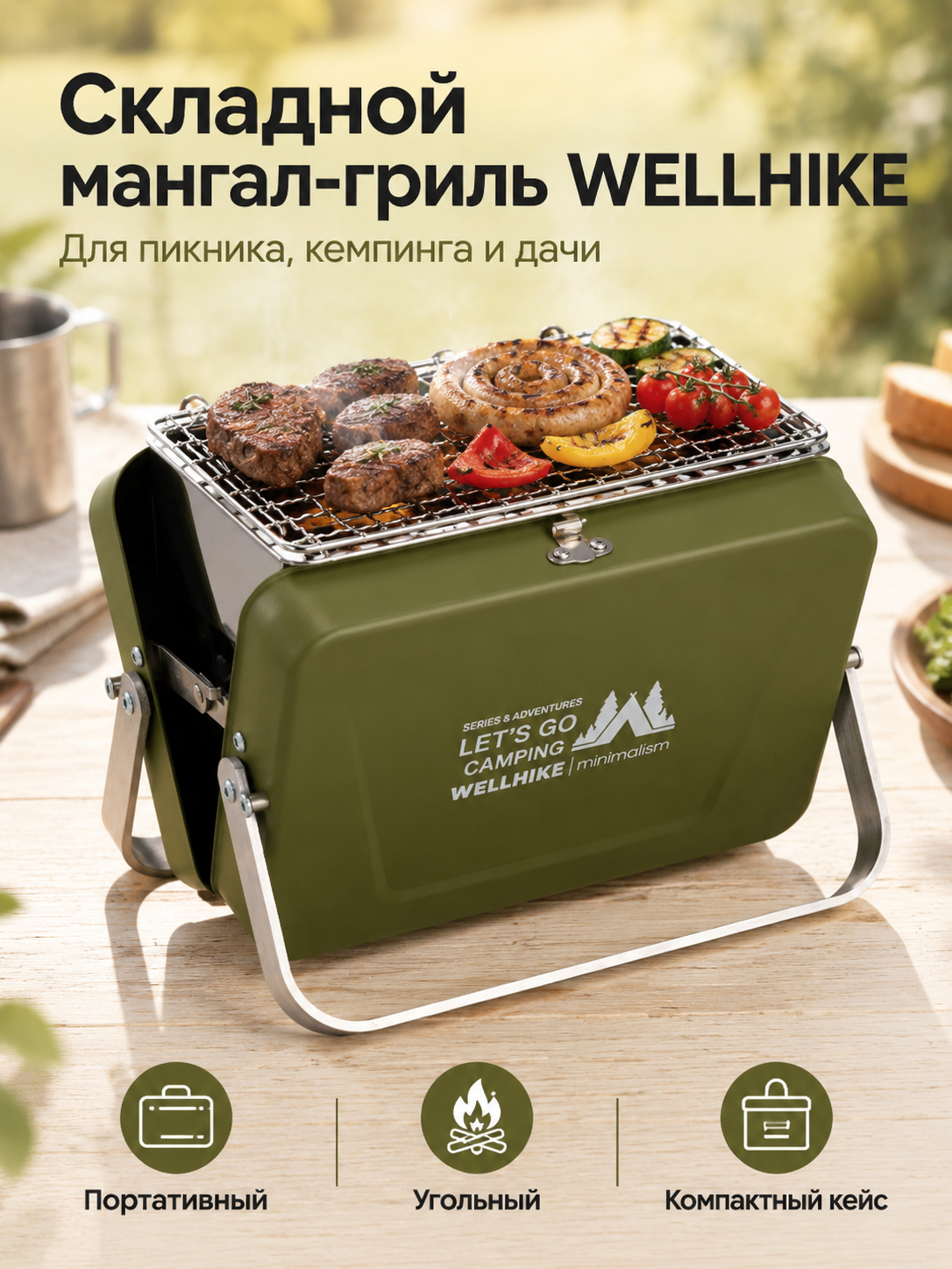 Мангал складной WELLHIKE, портативный угольный гриль-барбекю в кейсе, для пикника, кемпинга, рыбалки и дачи, зеленый