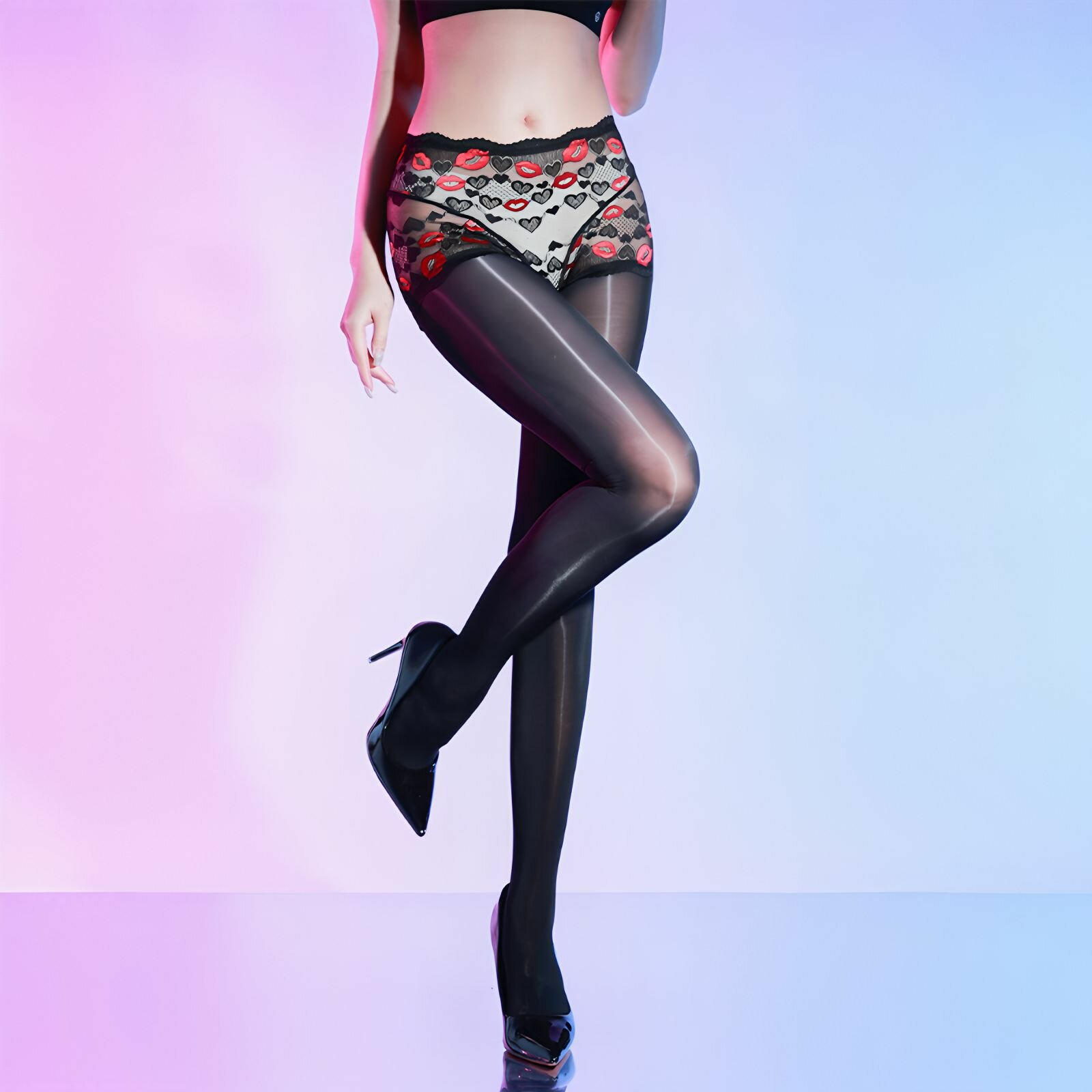 Трусики с принтом губ, чулки, носки, черный, размер XL