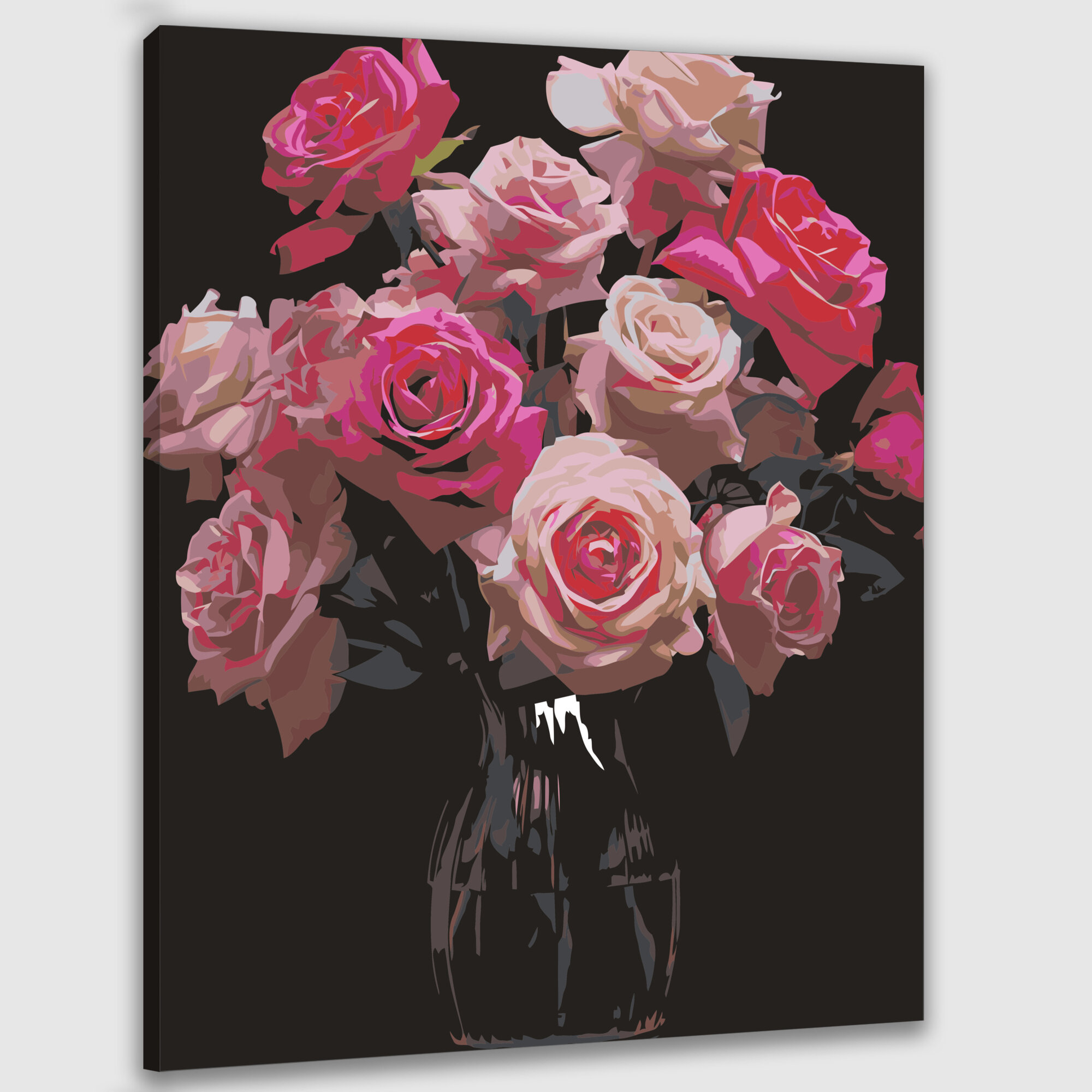 Картина по номерам 40x50 см, букет роз, лепестки, оттенки розового и красно, стеклянная ваза, нежная красота