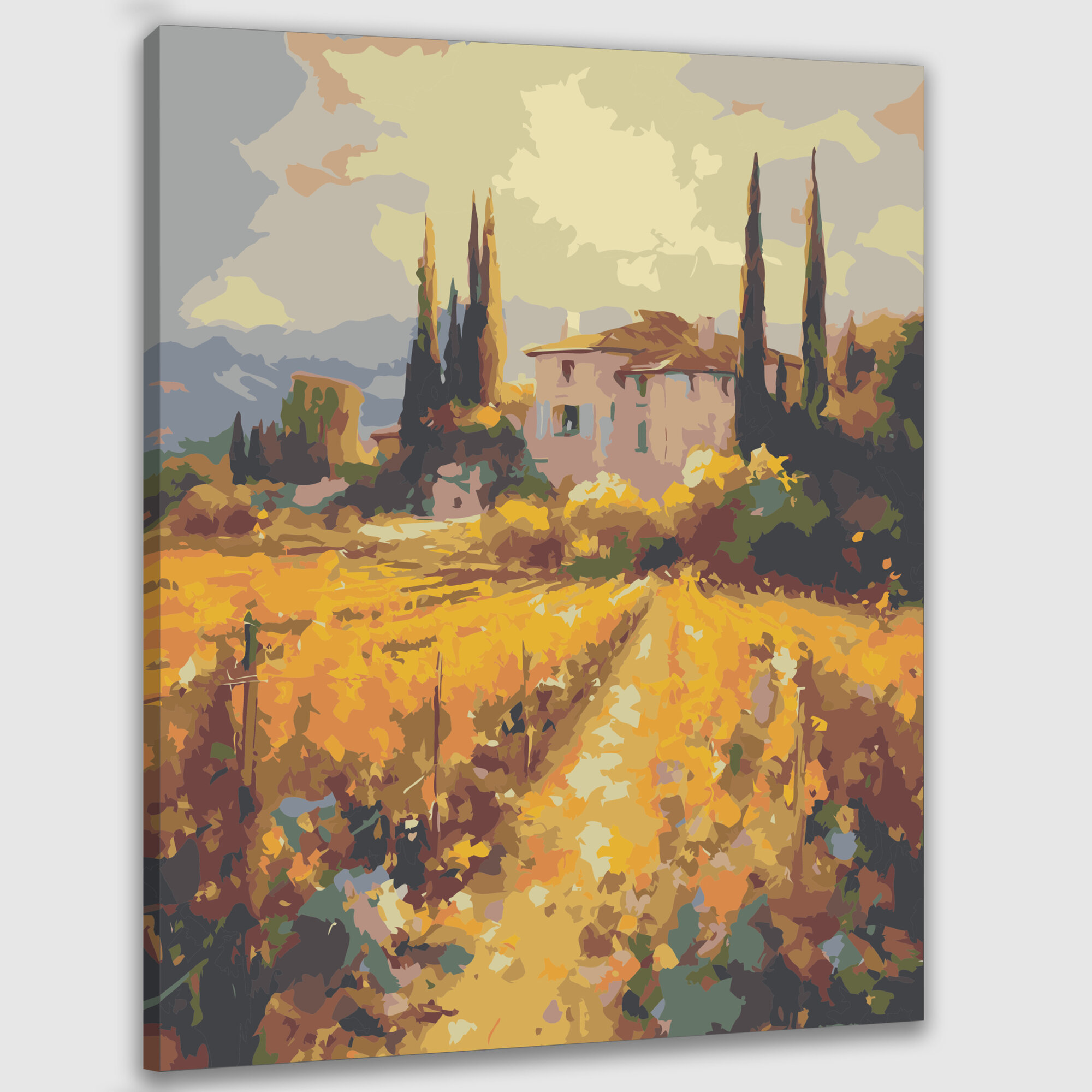 Картина по номерам 40x50 см, картина маслом, импрессионизм, виноградник, лозы, замок, деревенский стиль, свет, листья