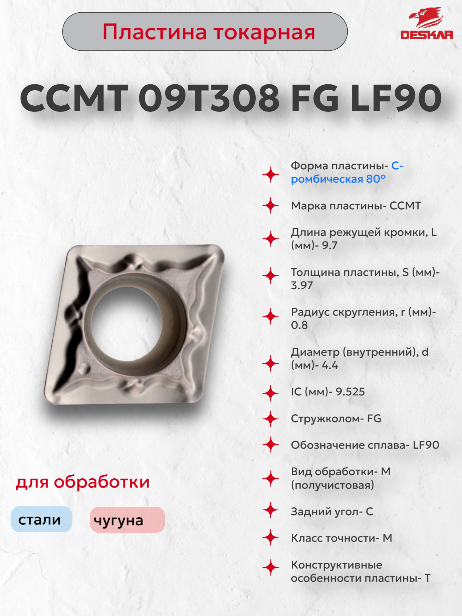 CCMT 09T308 FG LF90 пластина токарная (в упаковке 10 шт) DESKAR 00-00028970