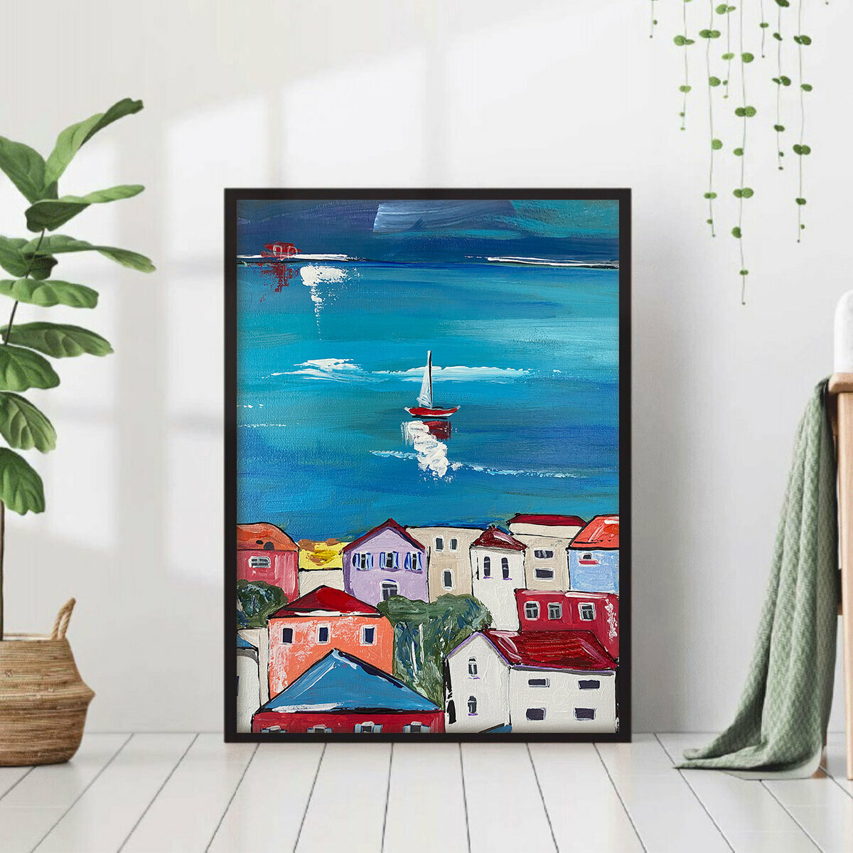 Постер "Город на море" 50x70 в черной рамке на стену для интерьера