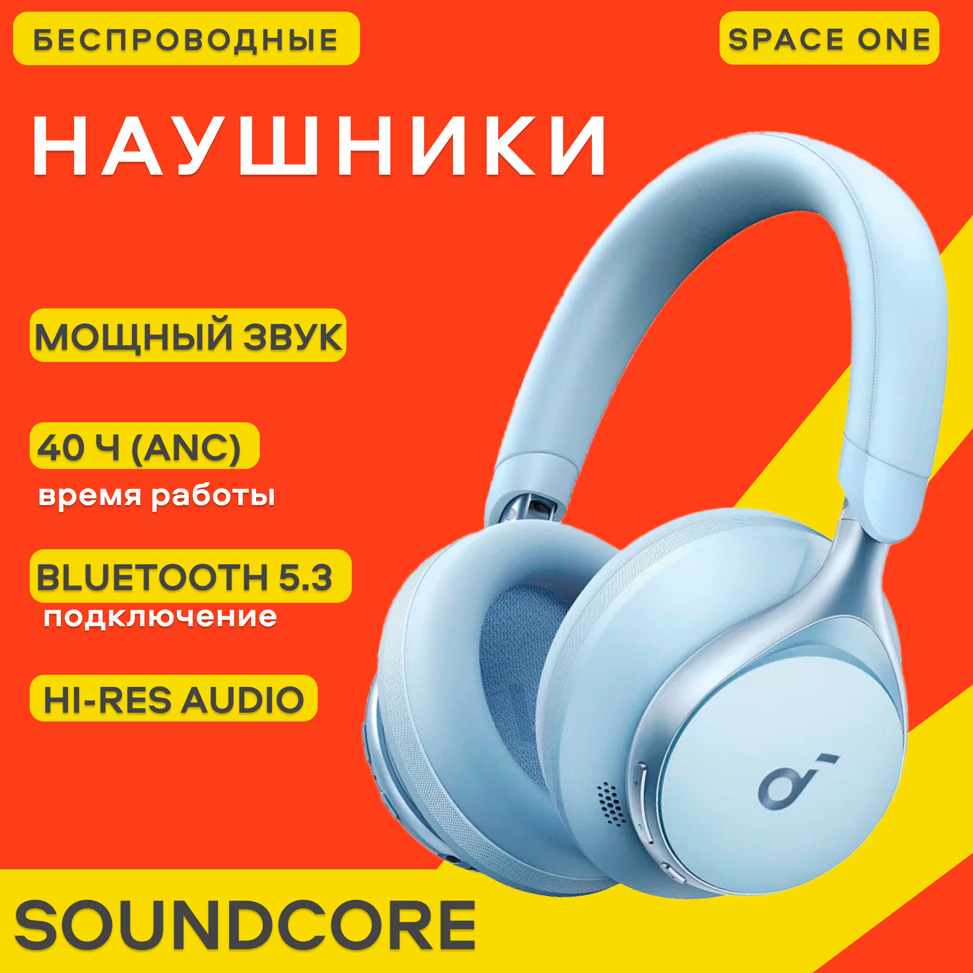 Наушники Soundcore Space One, гибридное шумоподавление, Bluetooth 5.3, голубые