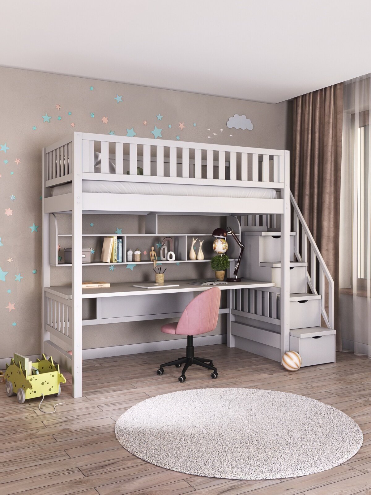 Кровать-чердак Лейла №1, спальное место 90х200, столешница и полка, цвет Беленый дуб.