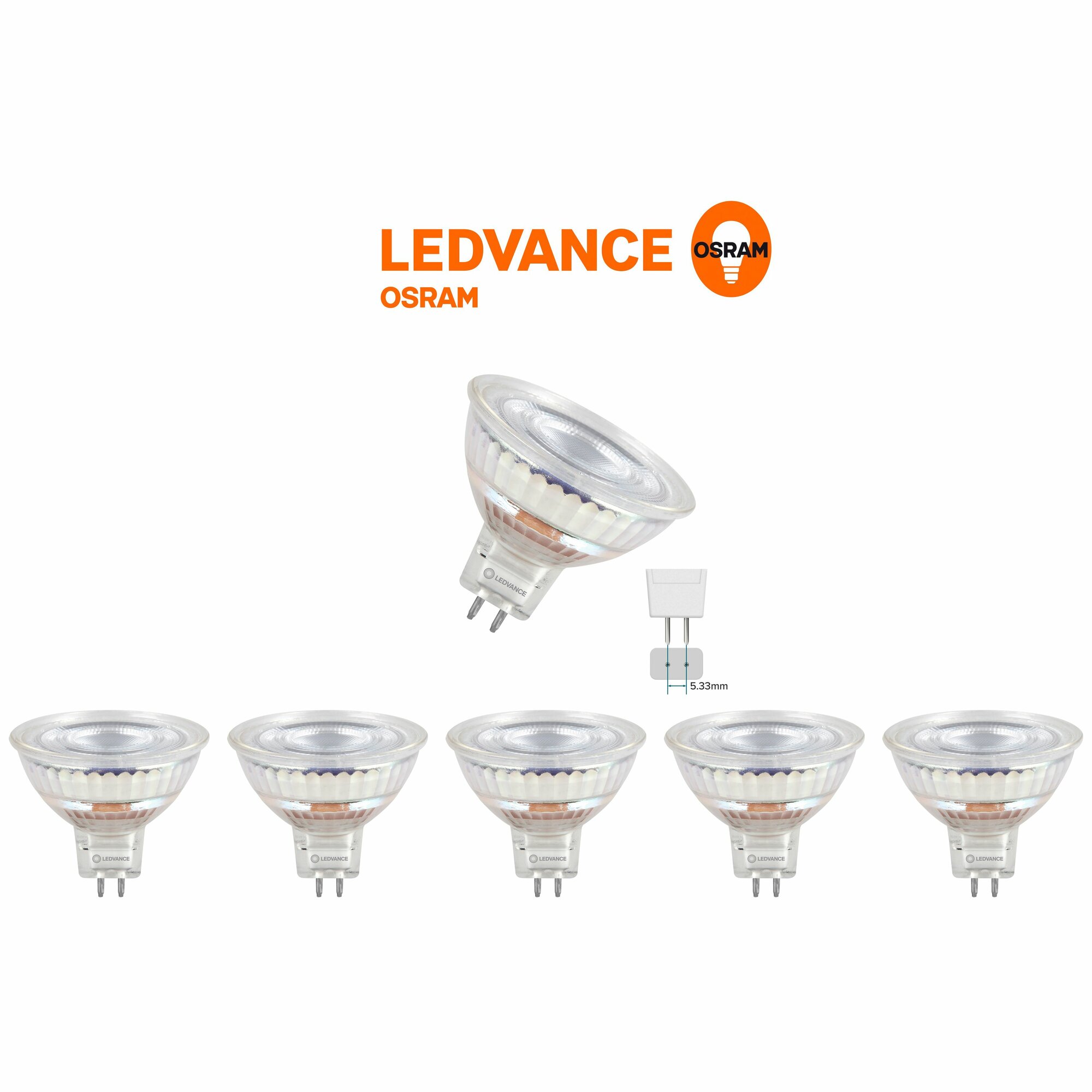 5шт/уп. Лампа LED Софит 3.8Вт 12В GU5.3 MR16 345Лм Ra80 Стекло Угол 36 град. 2700К Свет Теплый белый LEDVANCE-OSRAM, уп. 5шт