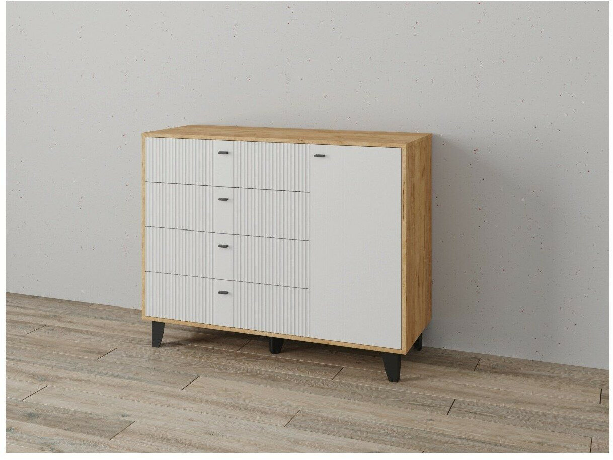 Комод с четырьмя выдвижными ящиками и дверцей, МДФ, дуб крафт золотой/карбон фарфор