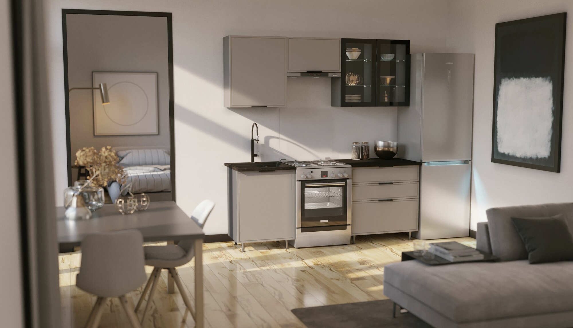 Кухня Николь 2,0м Компановка №2 (Холст латте) (Кастилло темный) (Миф)