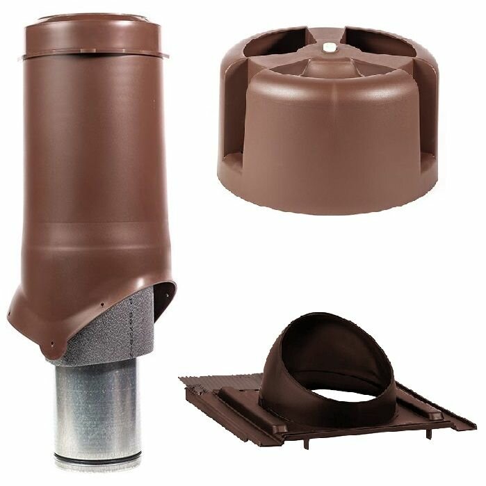 Вентиляционный выход на крышу (комплект) 125 мм h-500 утеплённый Krovent, труба вытяжная на крышу с грибком и проходным элементом для натуральной черепицы, коричневый (Ral 8017)