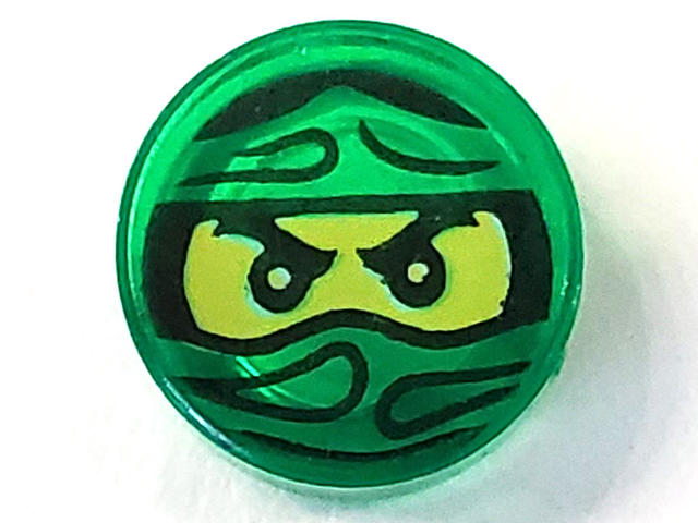 Tile, Round 1 x 1 with Ninjago Trapped Lloyd Pattern, 98138pb047 Trans-Green U