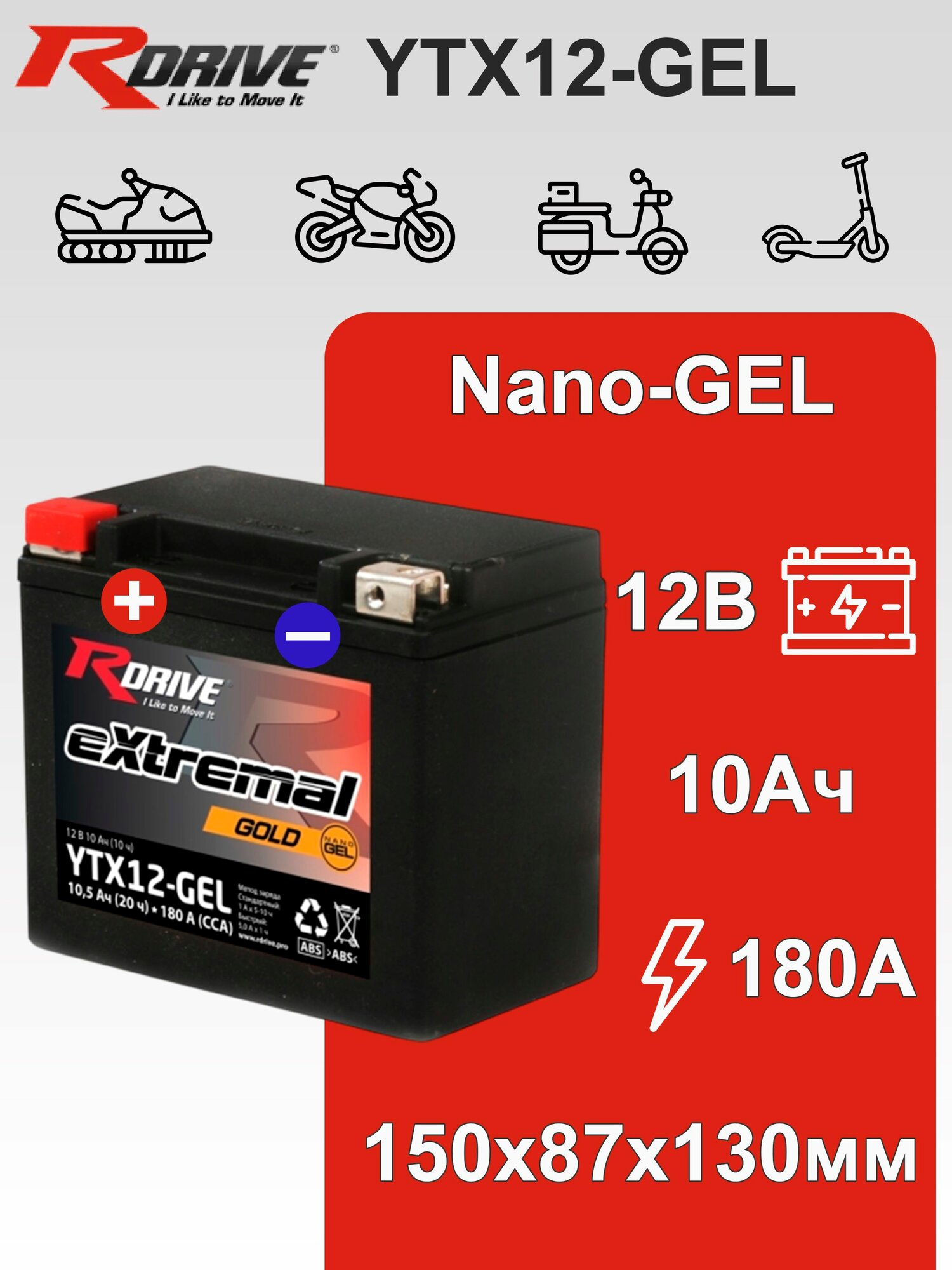 Мото аккумулятор стартерный гелевый RDrive YTX12-BS 12V 10Ah (12В 10Ач) прямая полярность +- 180А NanoGEL аккумулятор для мотоцикла, скутера, квадроцикла, гидроцикла, снегохода, генератора