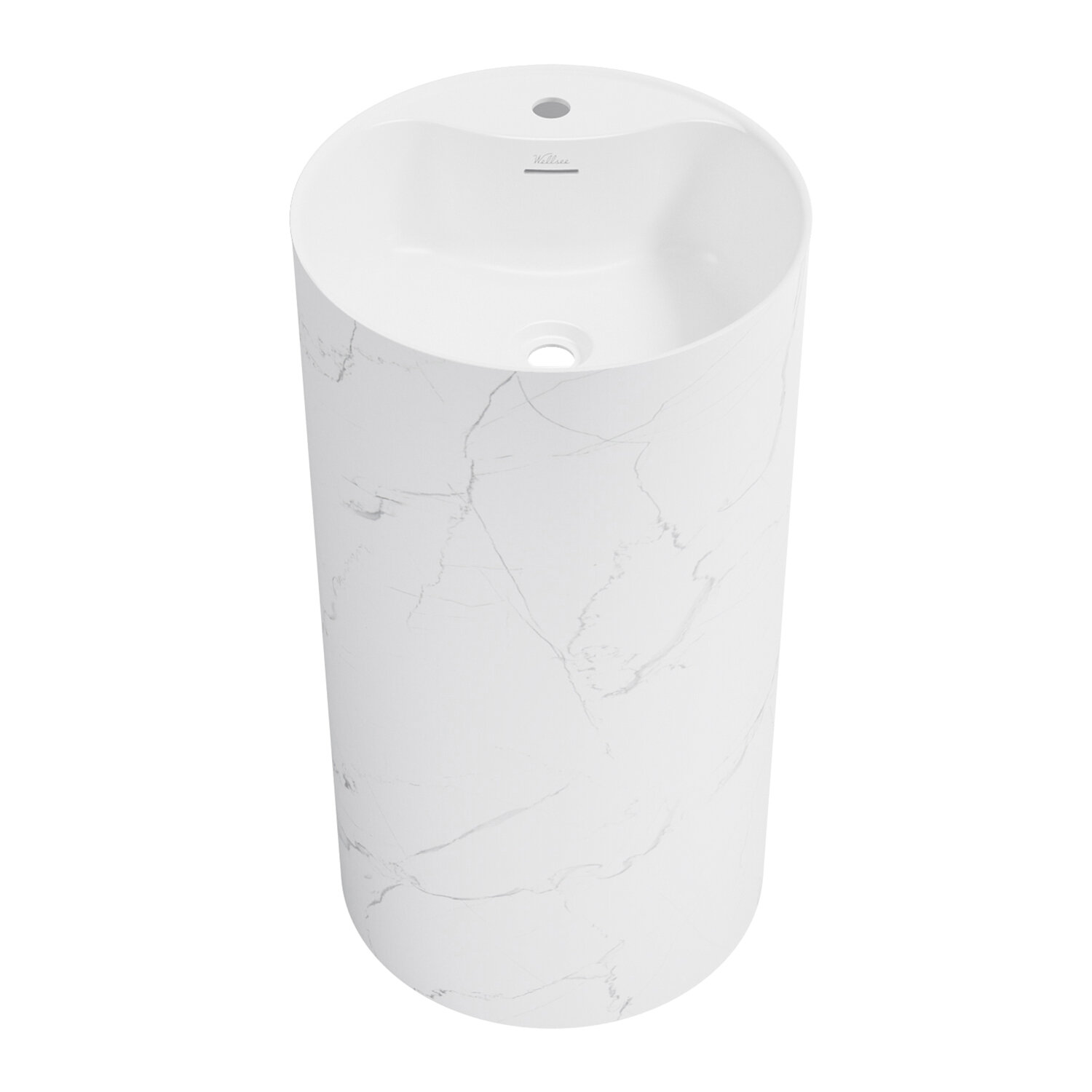 Круглая напольная раковина для ванной Wellsee Chalice Perfection 230626000: напольная отдельностоящая раковина моноблок из акрила, размер 45х45х85 см, чаша в цвете глянцевый белый (стенки матовый белый мрамор)