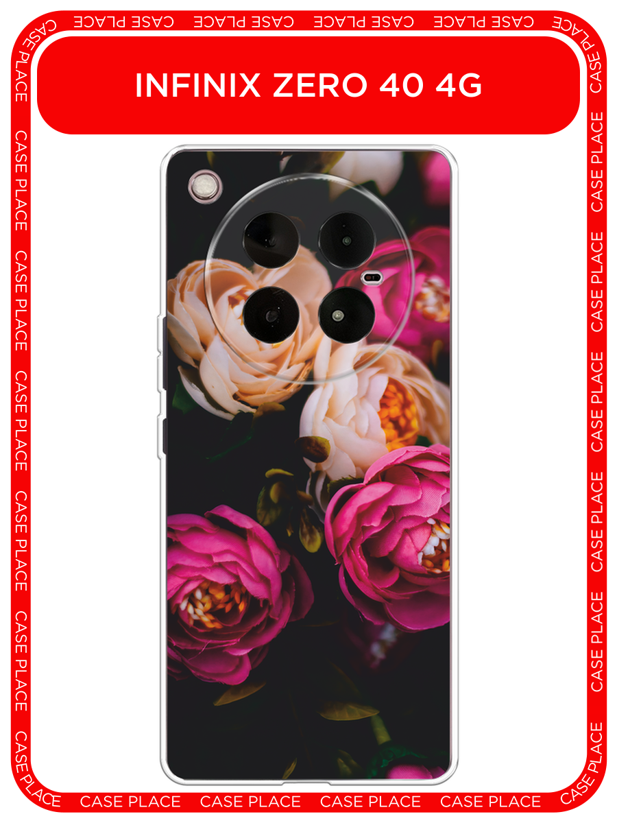Чехол на Infinix Zero 40 4G / Инфиникс Зеро 40 4G с принтом Розовые пионы на черном