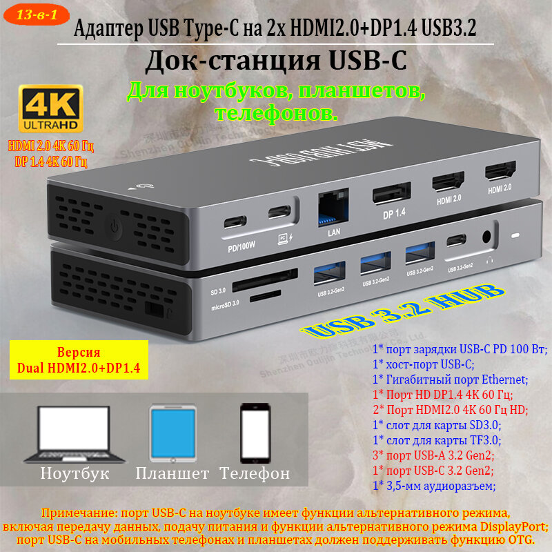 MST HUB 2x HDMI DP 4K 60HZ Ethernet USB3.2 10Gbps PD100W USB-C Laptop Docking Station for MacBook Dell Lenovo HP Asus